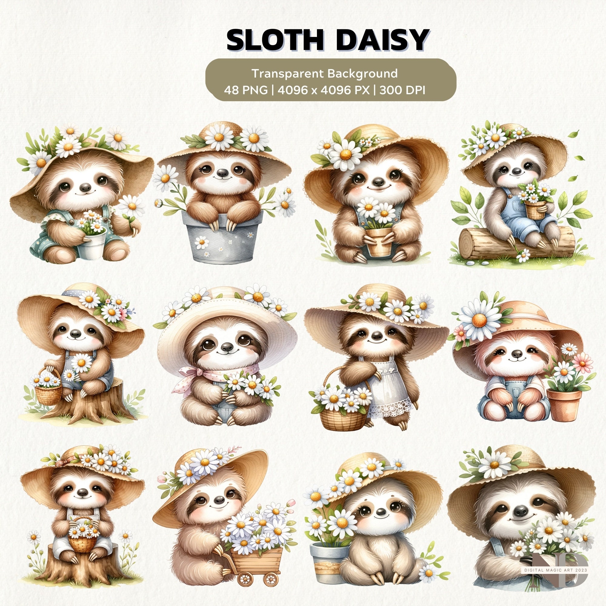 Watercolor Sloth Daisy Clipart Cute Sloth PNG Spring Daisy Flower Cute ...