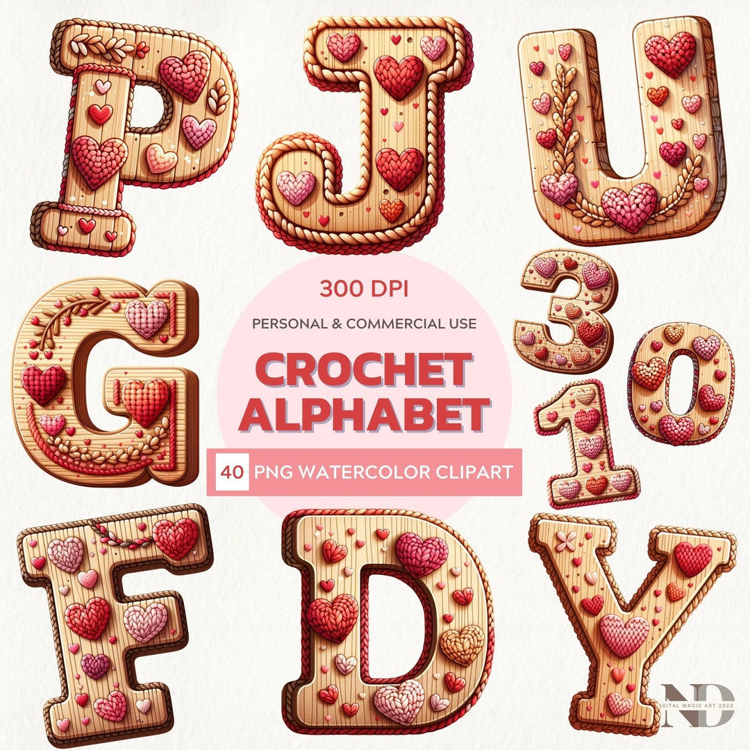 Watercolor Crochet Alphabet and Numbers Clipart Valentine Alphabet PNG ...