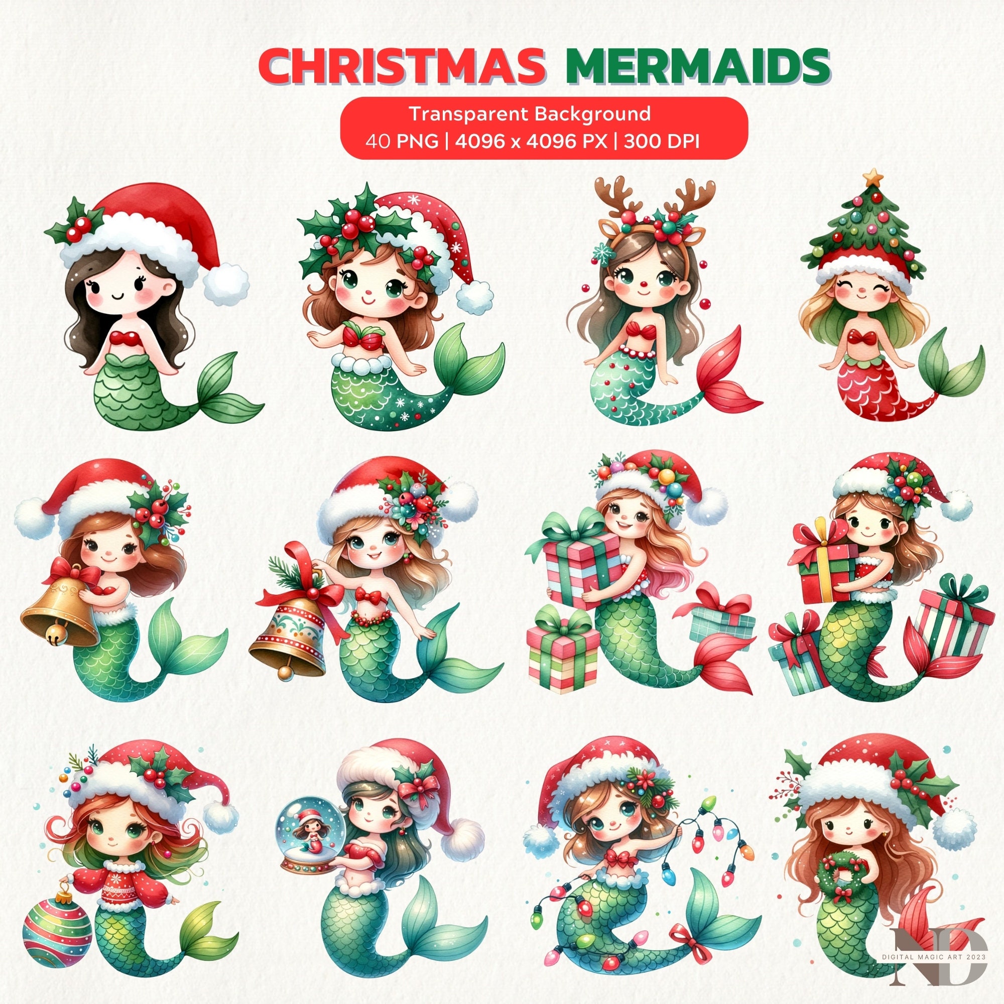 Watercolor Christmas Mermaid Clipart Christmas Clipart Mermaid PNG Sea ...