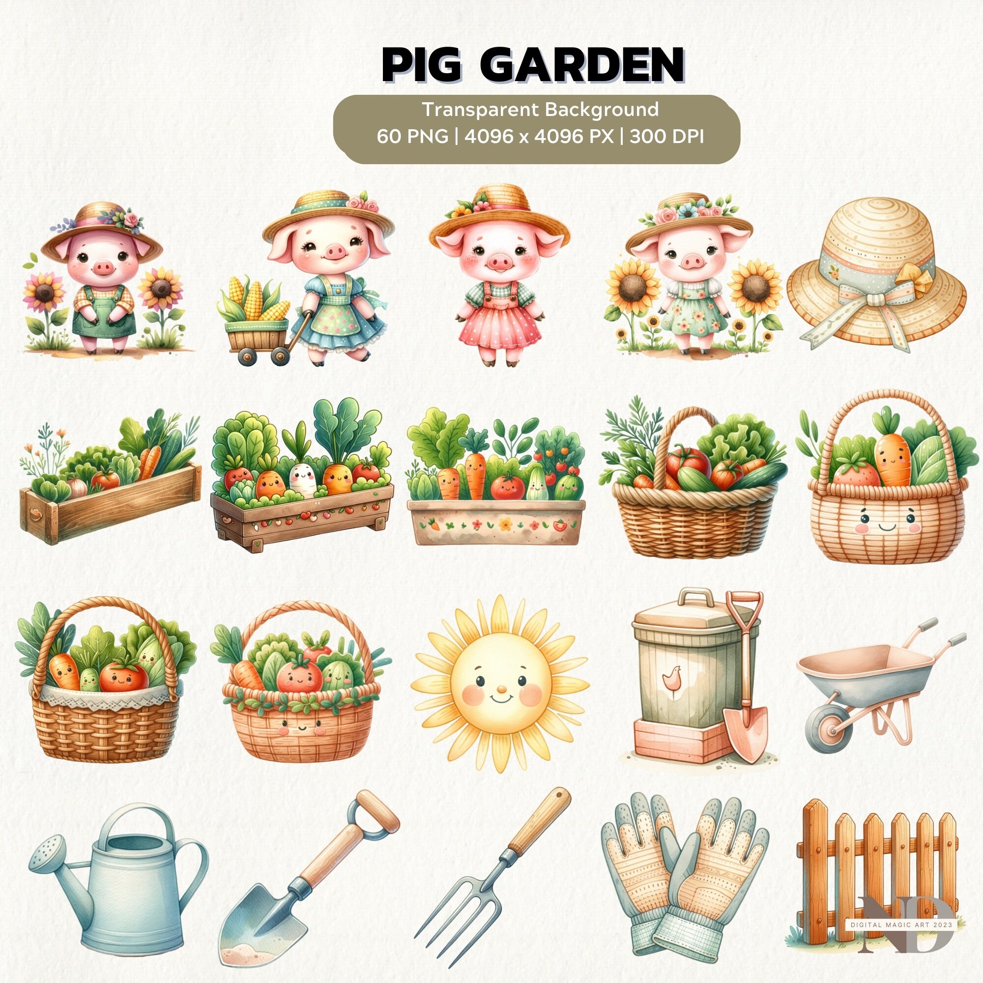 Watercolor Pig Garden Clipart Cute Pig PNG Pig Gadening Clipart Spring Animal Garden Garden Baby ...