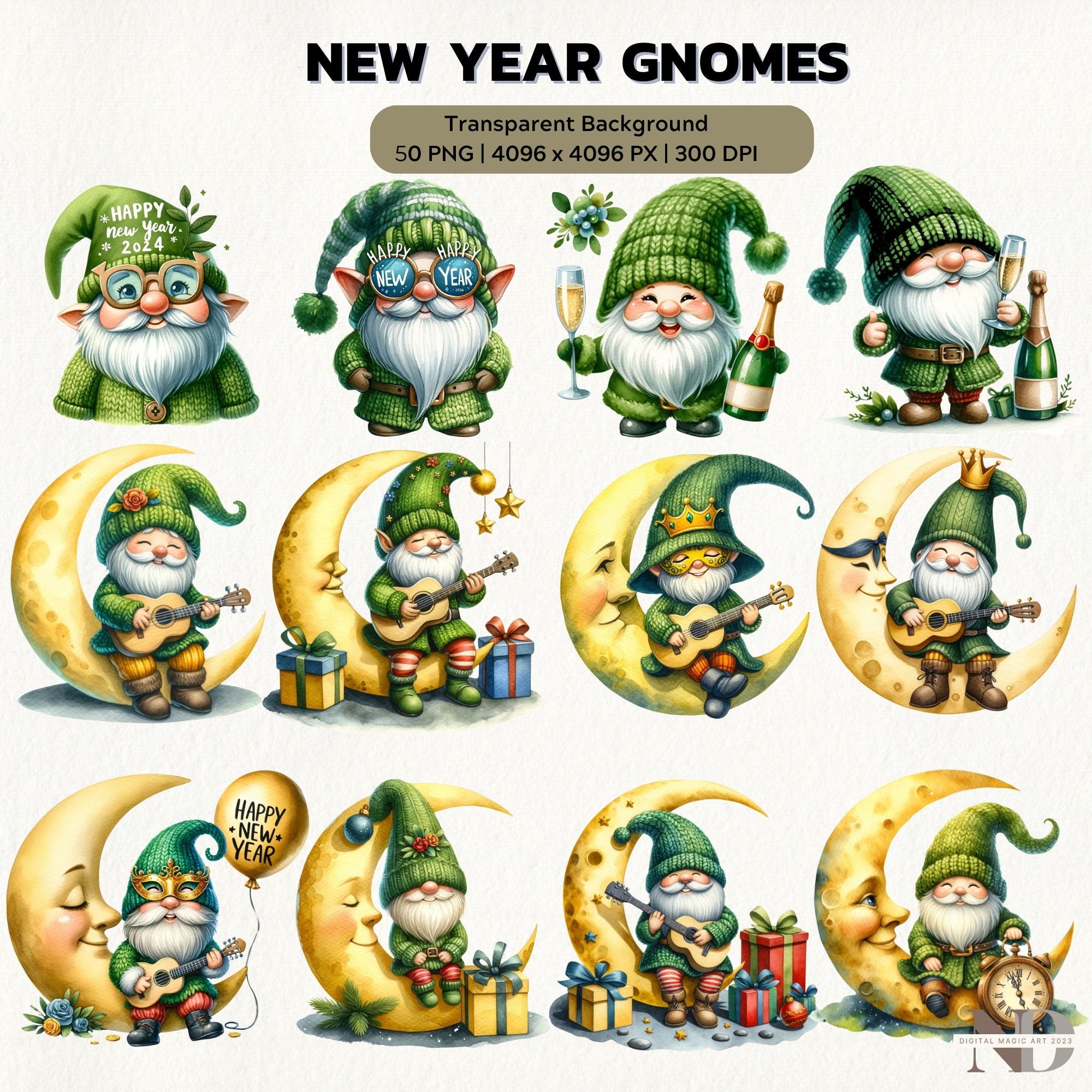 Watercolor New Year Gnome Clipart 2024 Happy New Year Clipart Cute ...