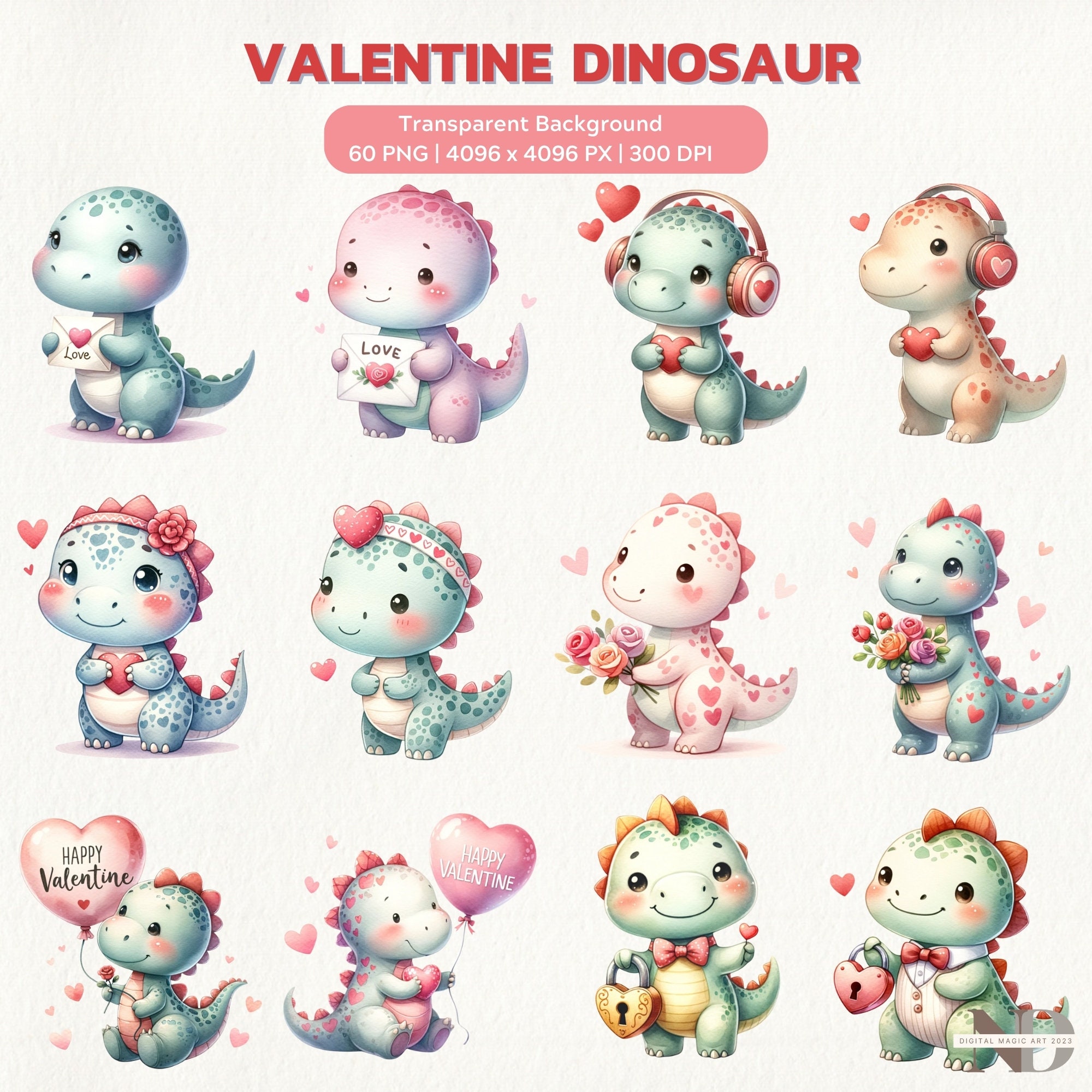 Watercolor Valentine Dinosaur Clipart Dinosaur PNG Valentine Clipart ...