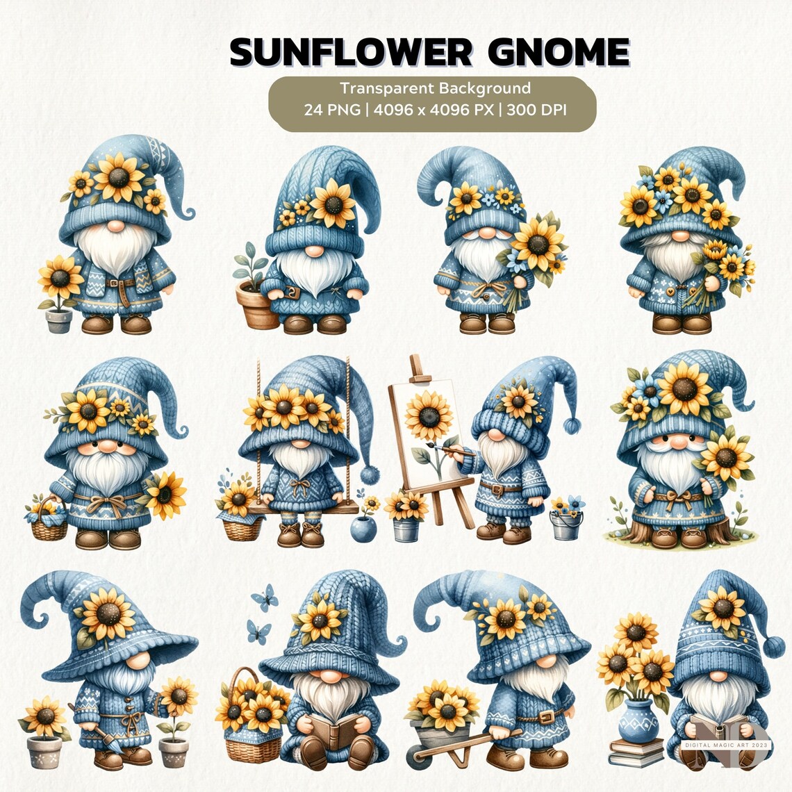 Watercolor Sunflower Gnome Clipart Cute Gnome PNG Spring Flower Clipart ...