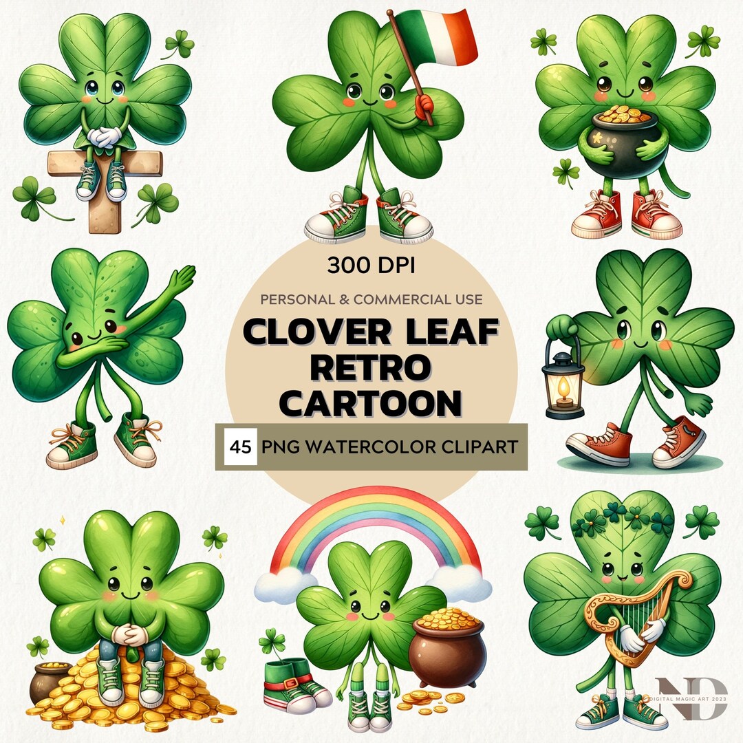 Watercolor St.patricks Day Clipart Clover Leaf Retro Cartoon PNG St ...