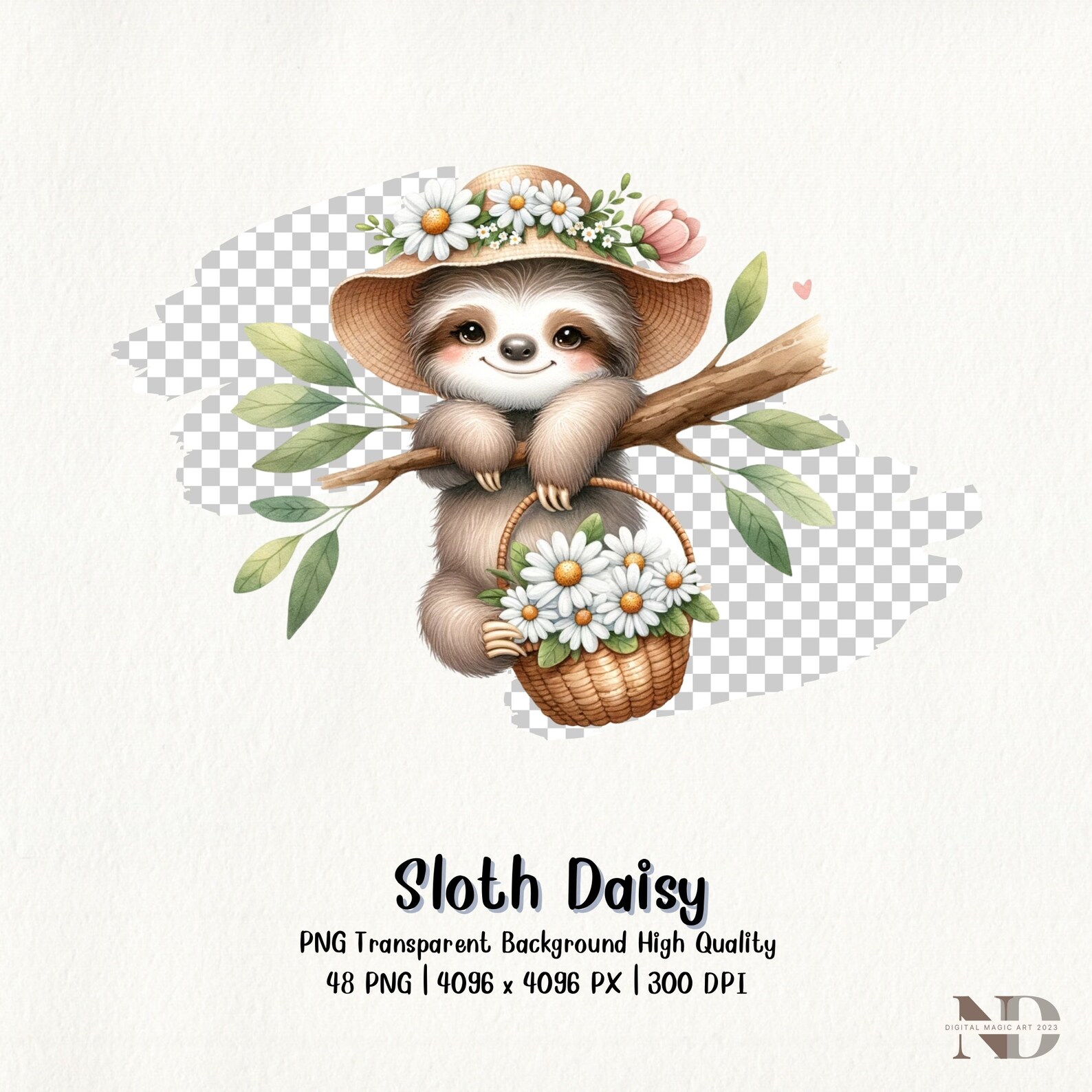 Watercolor Sloth Daisy Clipart Cute Sloth PNG Spring Daisy Flower Cute ...