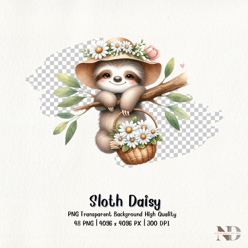 Watercolor Sloth Daisy Clipart Cute Sloth PNG Spring Daisy Flower Cute ...