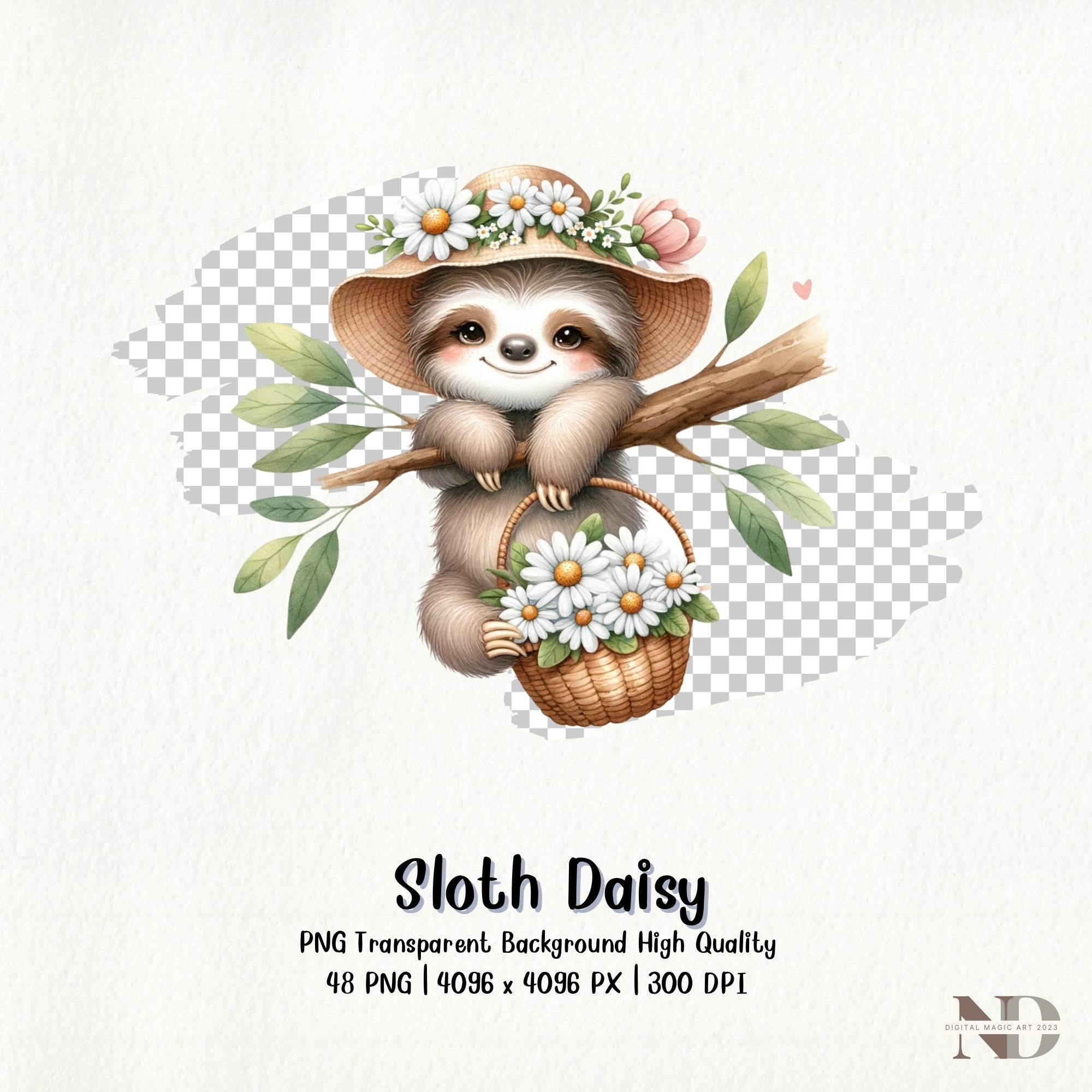 Watercolor Sloth Daisy Clipart Cute Sloth PNG Spring Daisy Flower Cute ...