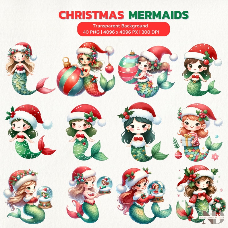 Watercolor Christmas Mermaid Clipart Christmas Clipart Mermaid PNG Sea ...