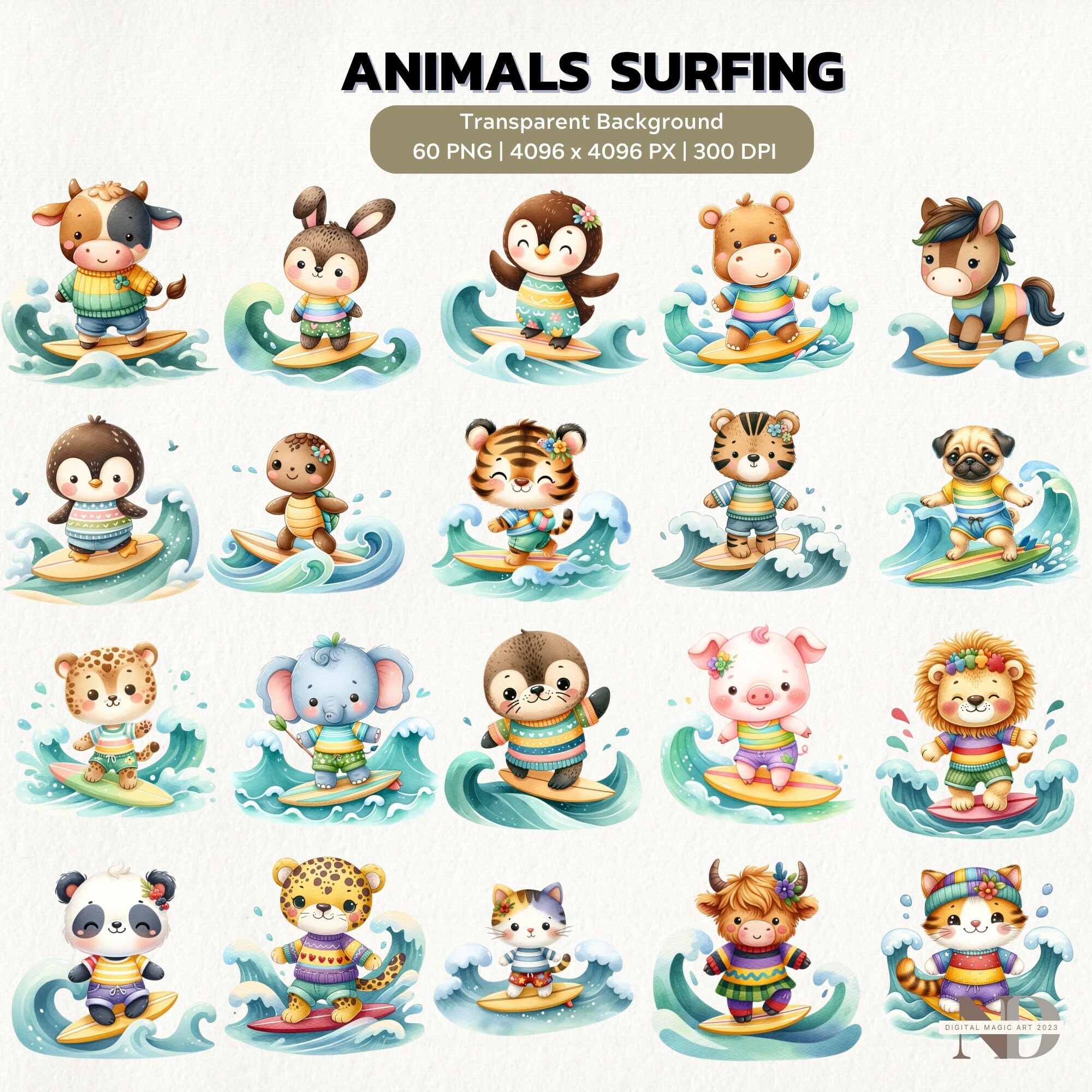 Watercolor Animals Surfing Clipart Surf Animals PNG Sea and Beach ...