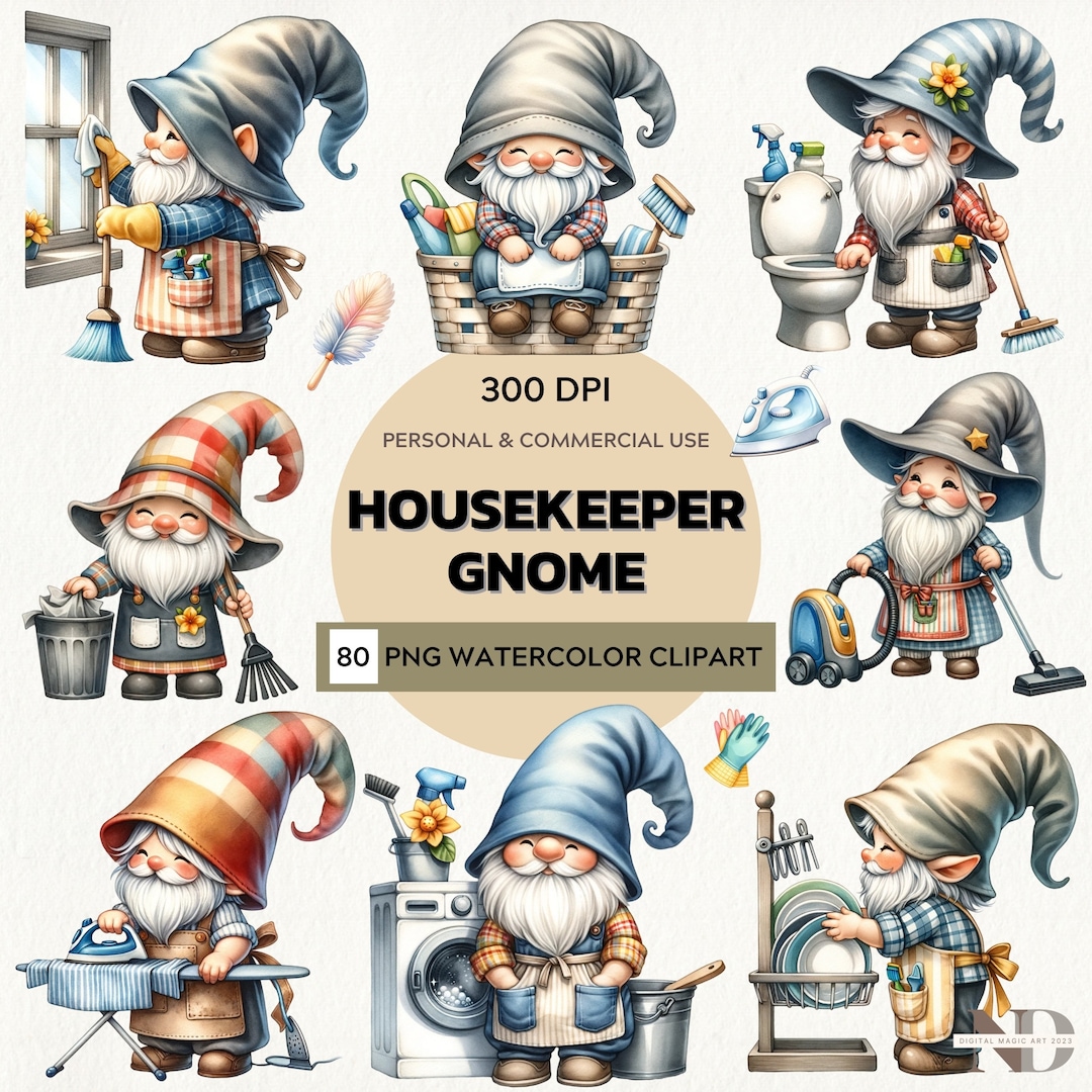 Watercolor Housekeeper Gnome Clipart Housekeeper Cleaning Gnome Clipart Gnome PNG Laundry ...