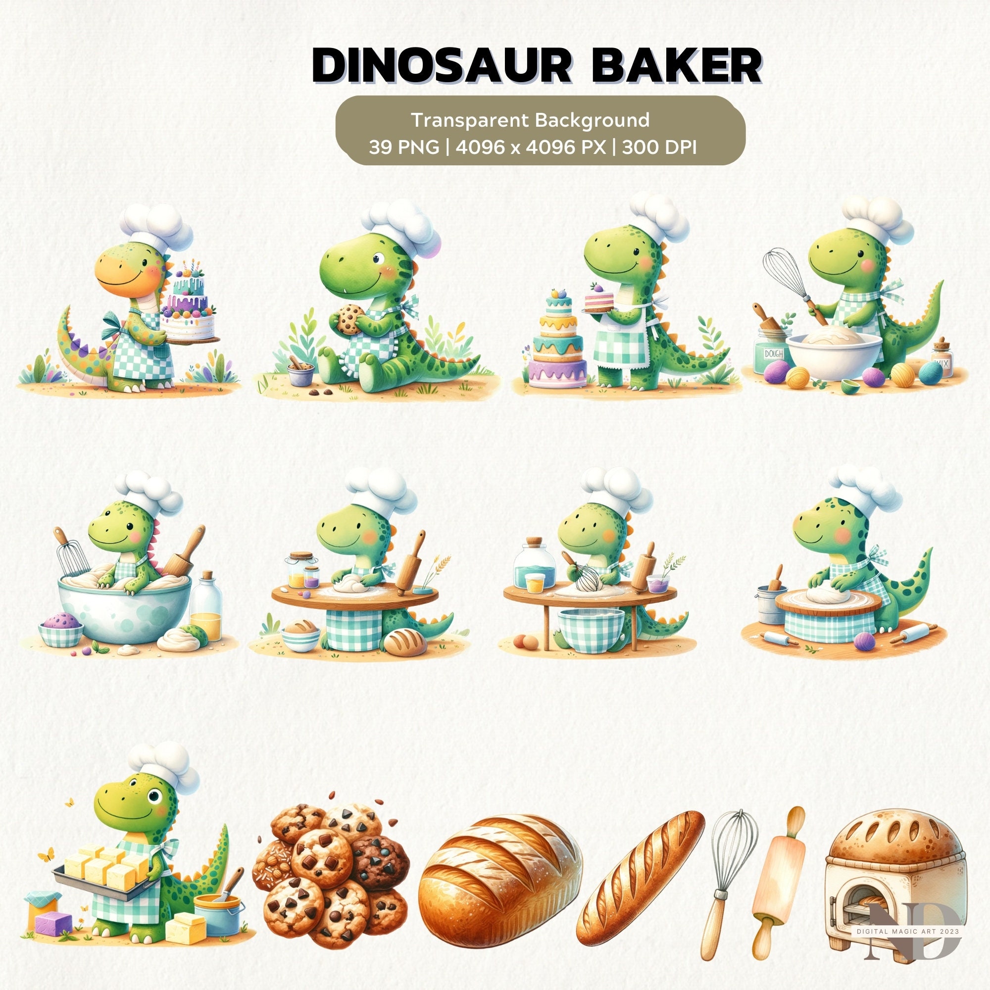 Watercolor Baker Dinosaur Clipart Dinosaur PNG Bekery Clipart Dinosaur ...