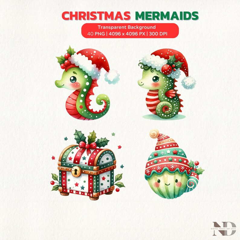 Watercolor Christmas Mermaid Clipart Christmas Clipart Mermaid PNG Sea ...
