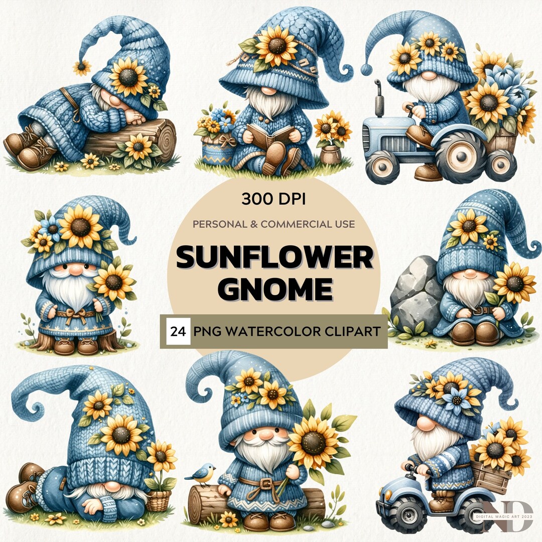 Watercolor Sunflower Gnome Clipart Cute Gnome PNG Spring Flower Clipart ...