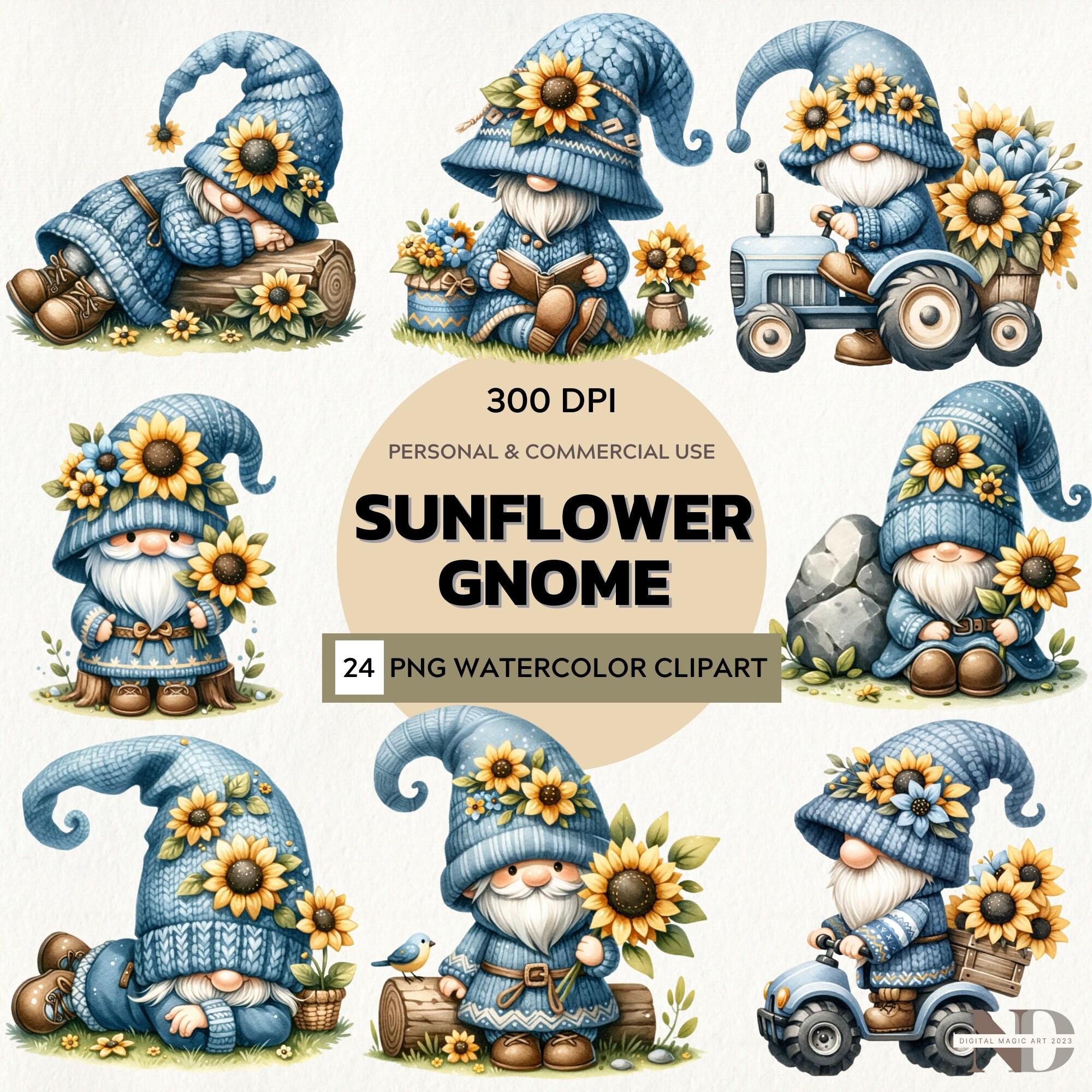 Watercolor Sunflower Gnome Clipart Cute Gnome PNG Spring Flower Clipart ...