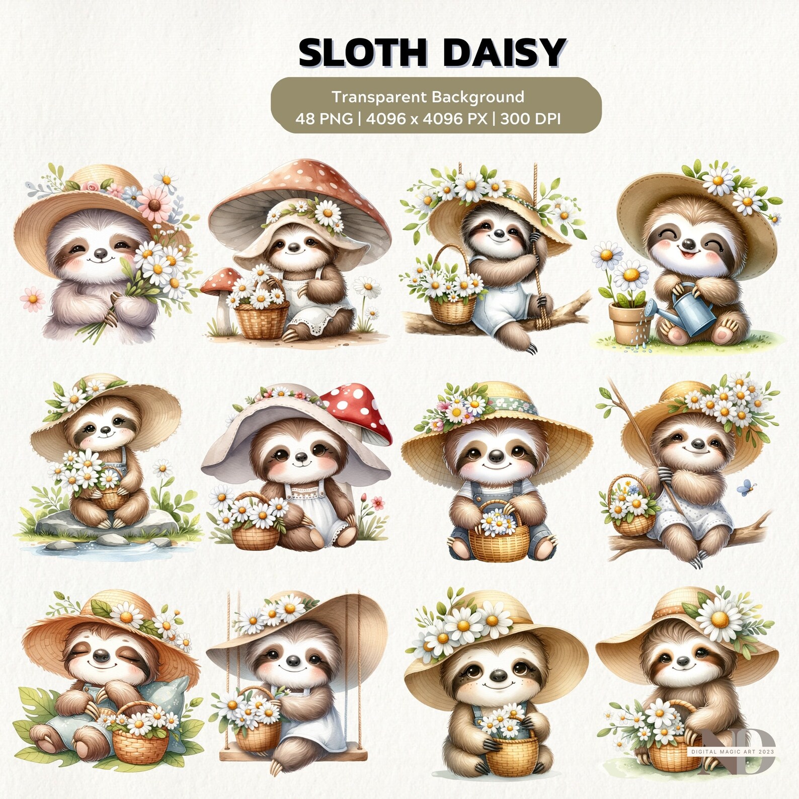 Watercolor Sloth Daisy Clipart Cute Sloth PNG Spring Daisy Flower Cute ...
