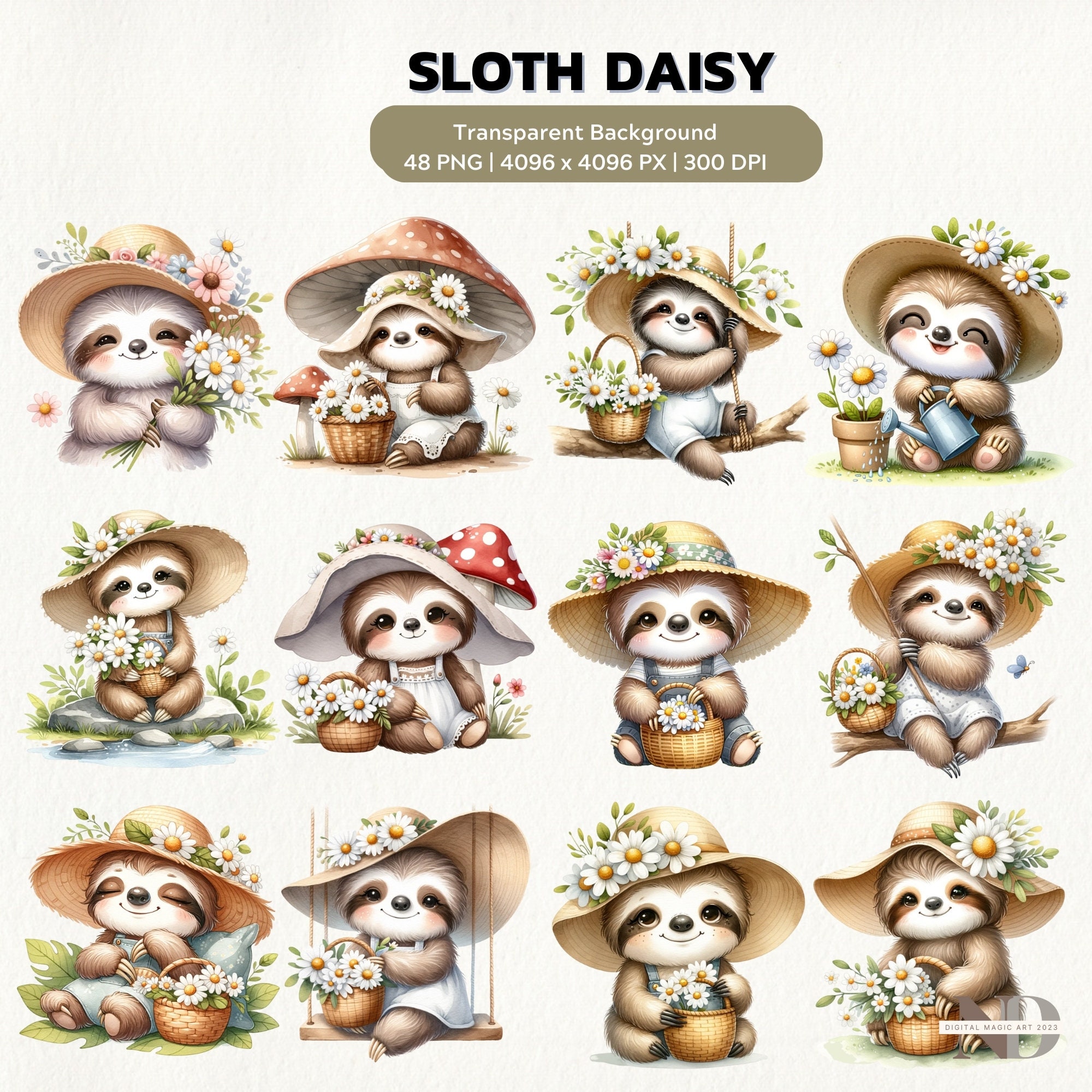 Watercolor Sloth Daisy Clipart Cute Sloth PNG Spring Daisy Flower Cute ...