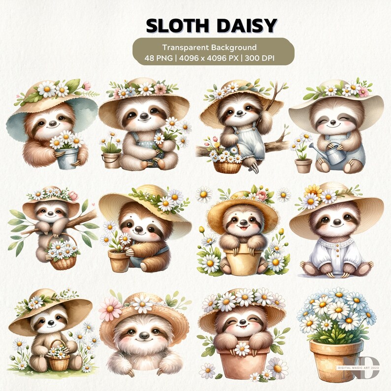 Watercolor Sloth Daisy Clipart Cute Sloth PNG Spring Daisy Flower Cute ...
