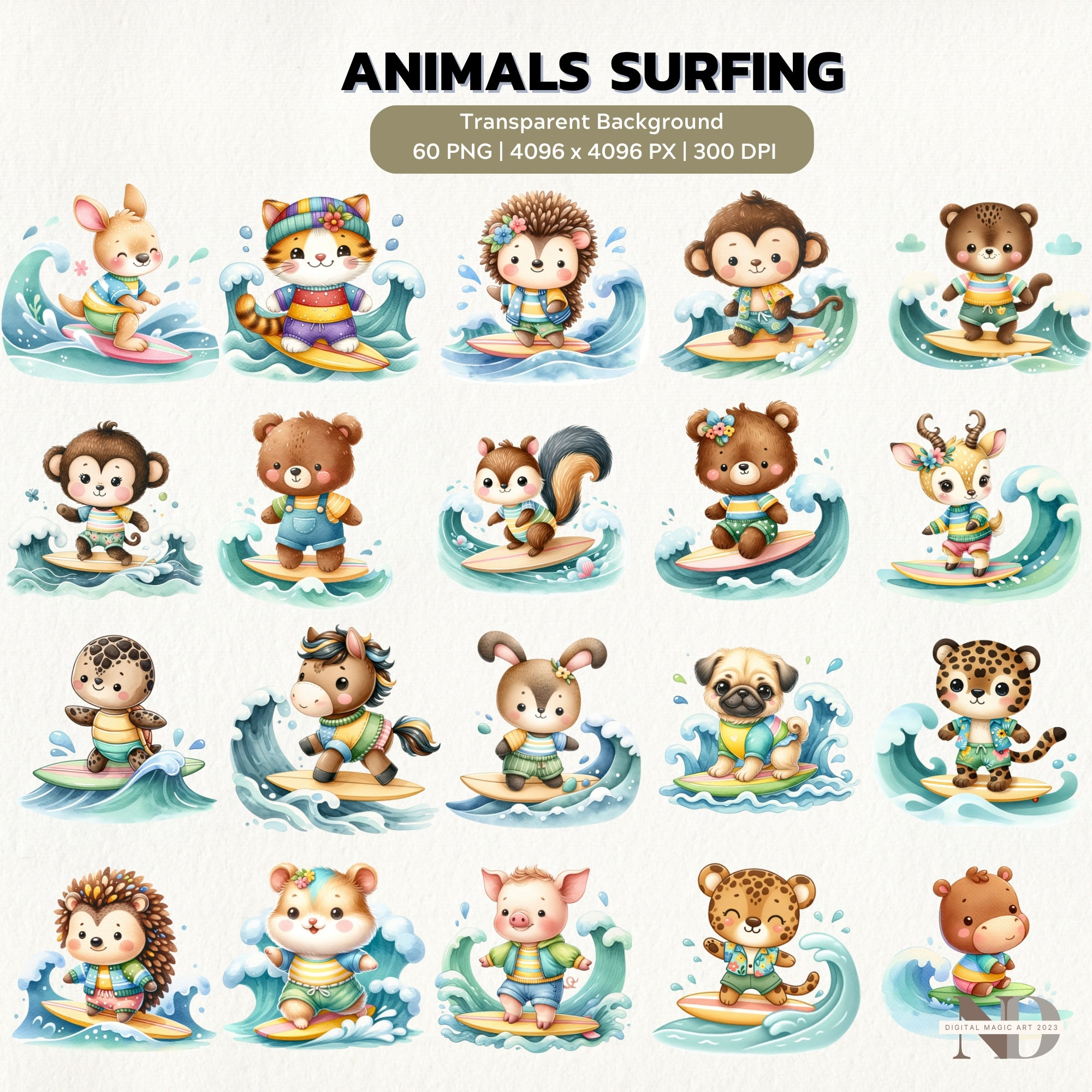 Watercolor Animals Surfing Clipart Surf Animals PNG Sea and Beach ...