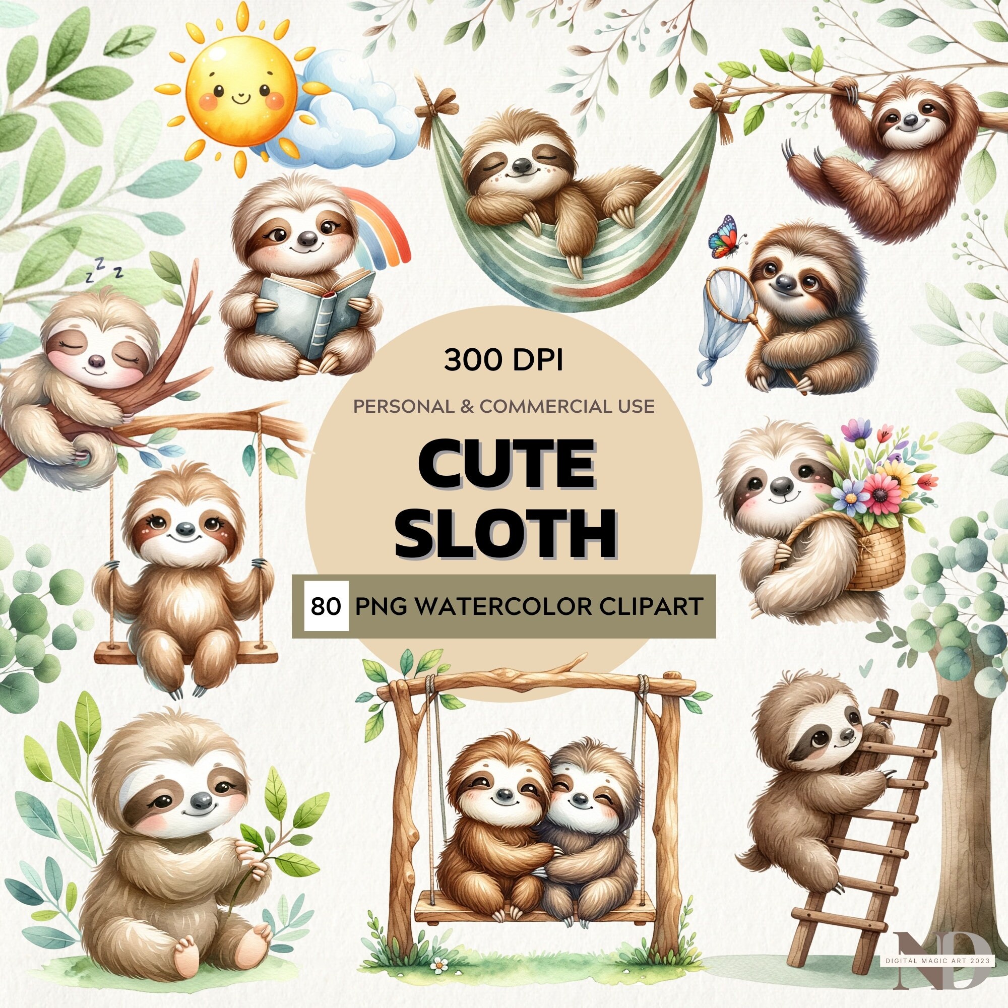 Watercolor Cute Sloth Clipart Sloth PNG Baby Sloth Clipart Cute Animal ...