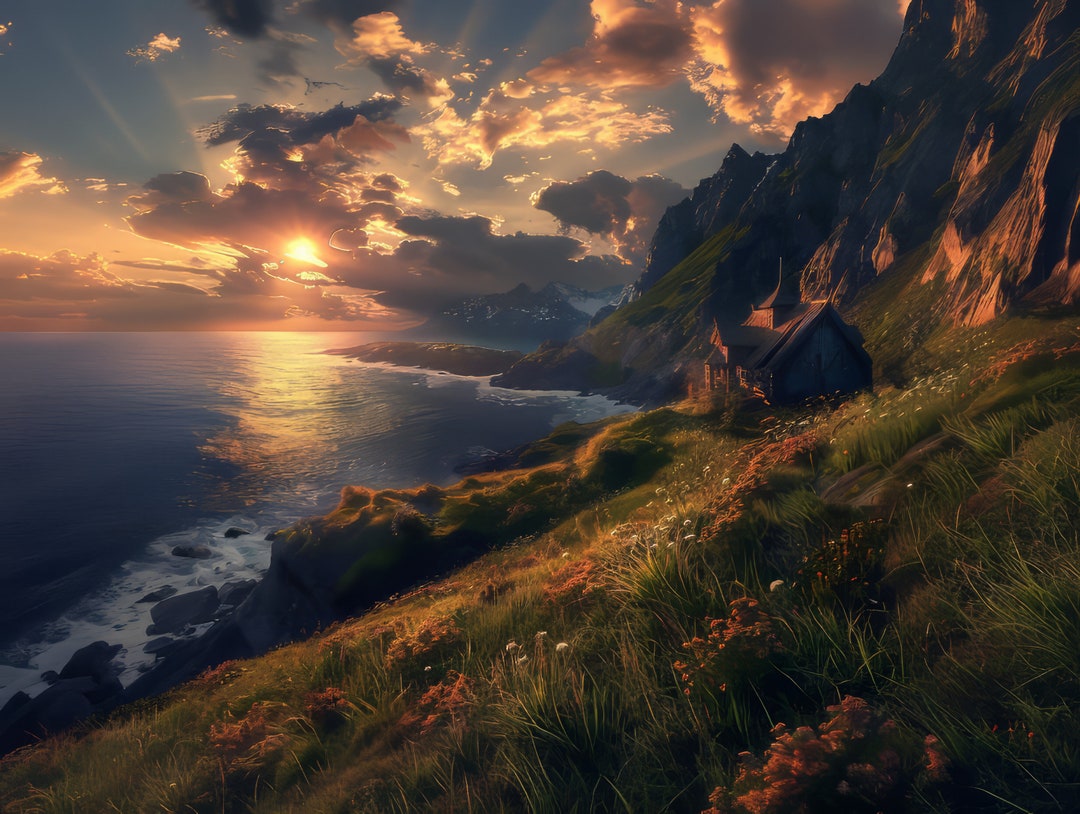 Sea-side Cliff With a Flower Field at Sunset - Spring Wall Art | Flower ...