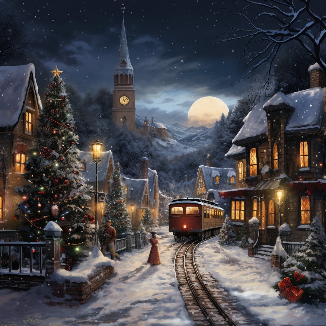 Town During Christmas With a Full Moon Digital Prints Download Digital ...