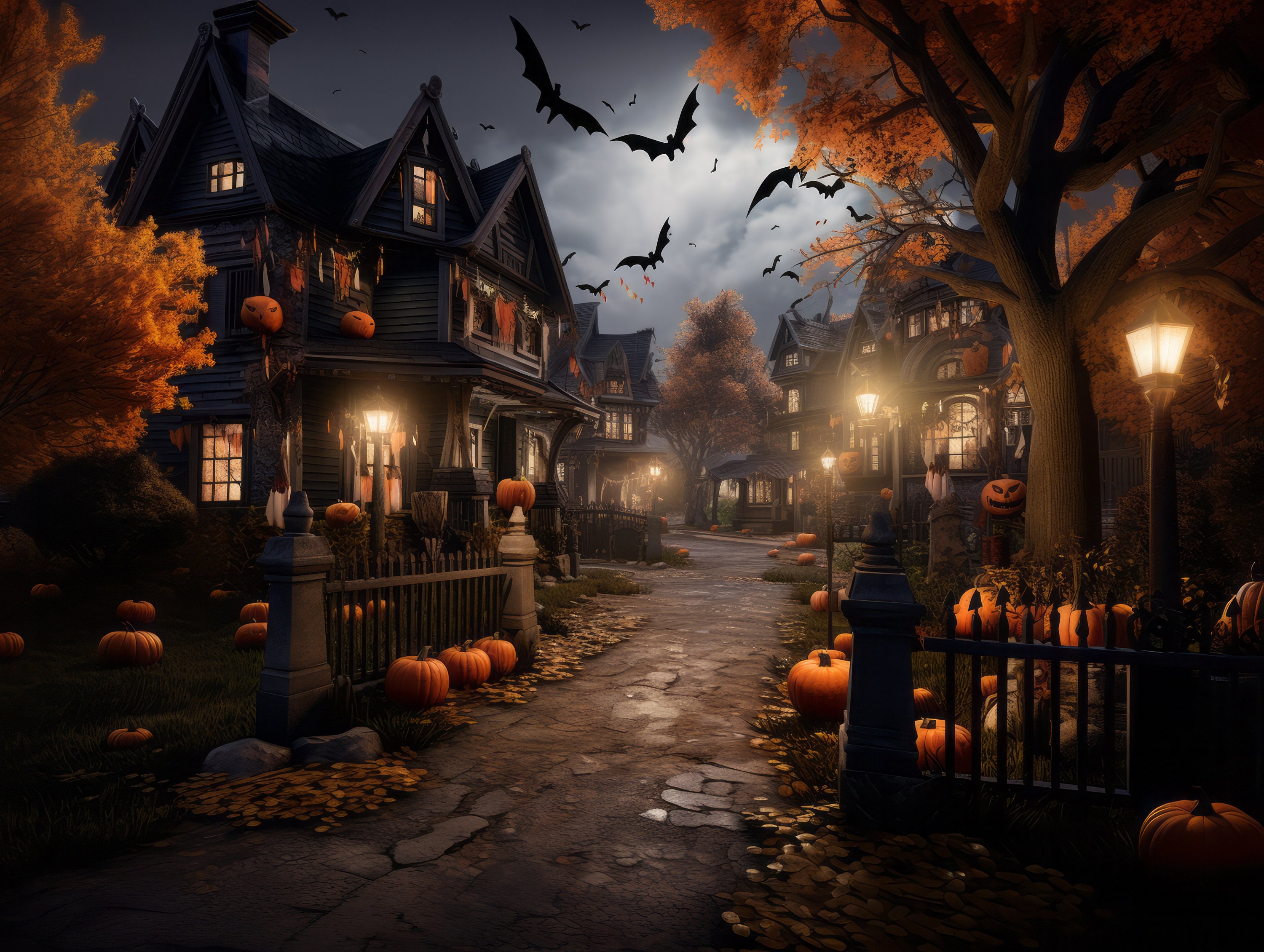 Halloween Neighborhood With Decoration - Wall Art | Holiday Gift ...