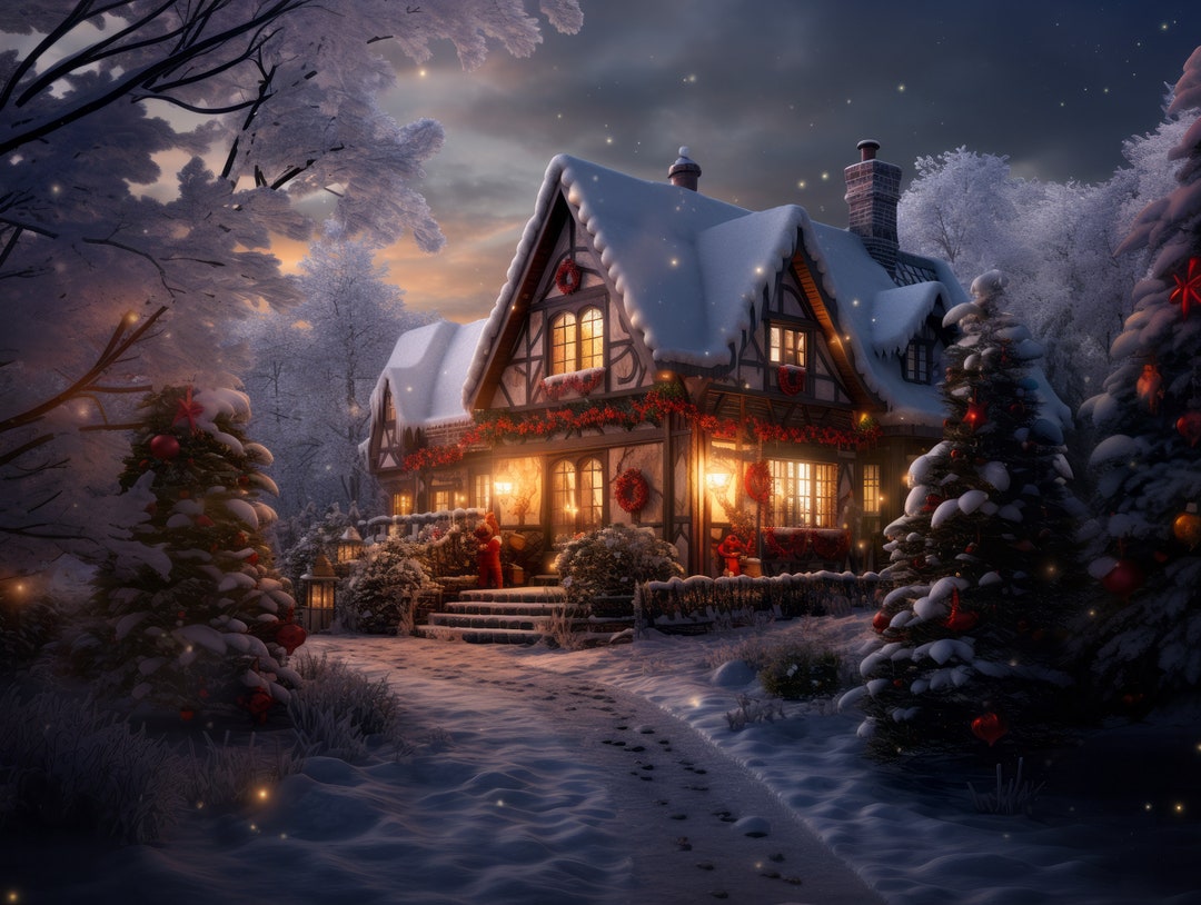 Christmas House in the Snow and Christmas Trees - Wall Art | Holiday ...