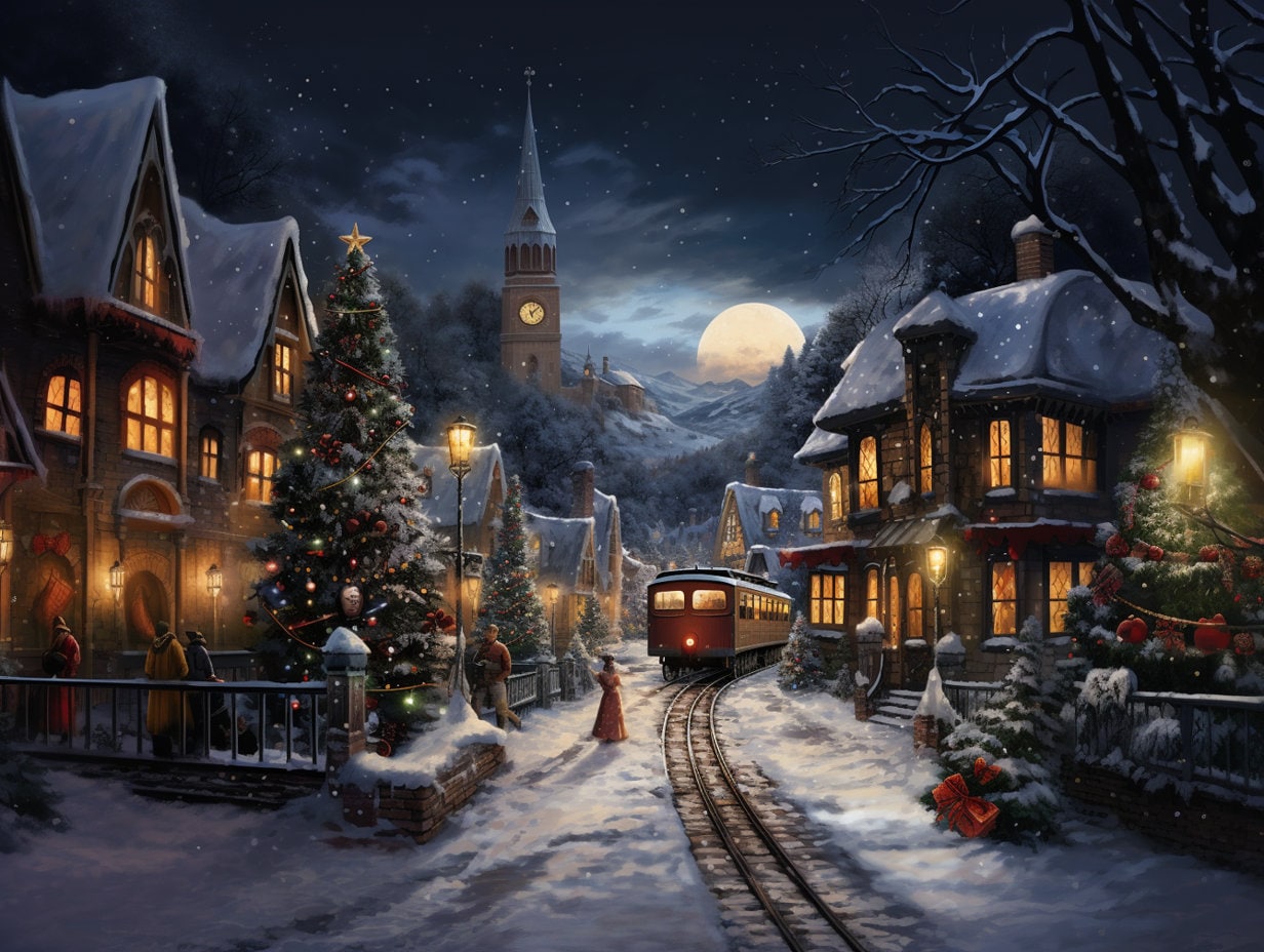 Christmas Village With a Full Moon - Wall Art | Holiday Gift ...