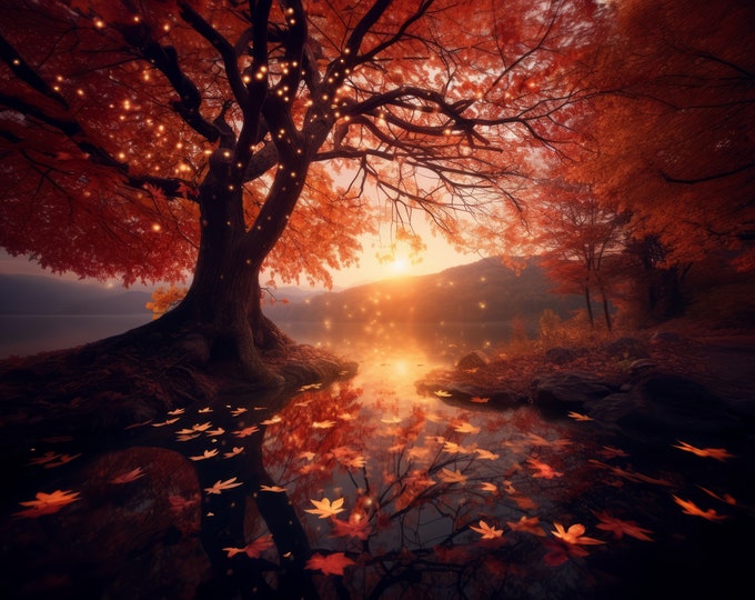 Magical Fall Print With a Lake at Sunset - Fall Wall Art | Fall Decor ...