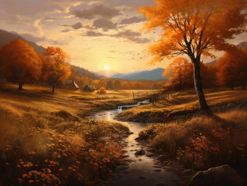 Fall Field With a Stream and Houses at Sunset - Fall Wall Art | Fall ...