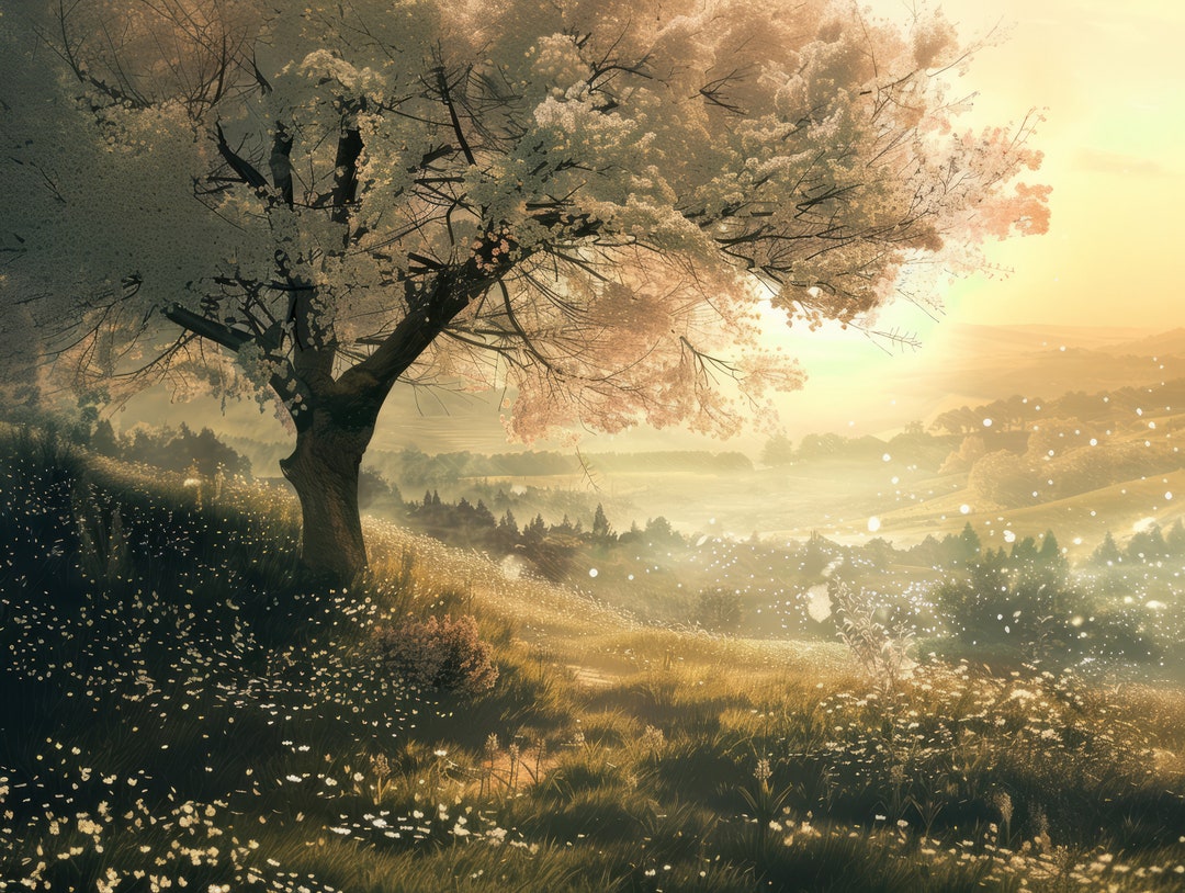 Magical Spring Tree and Flower Field at Sunset - Spring Wall Art ...