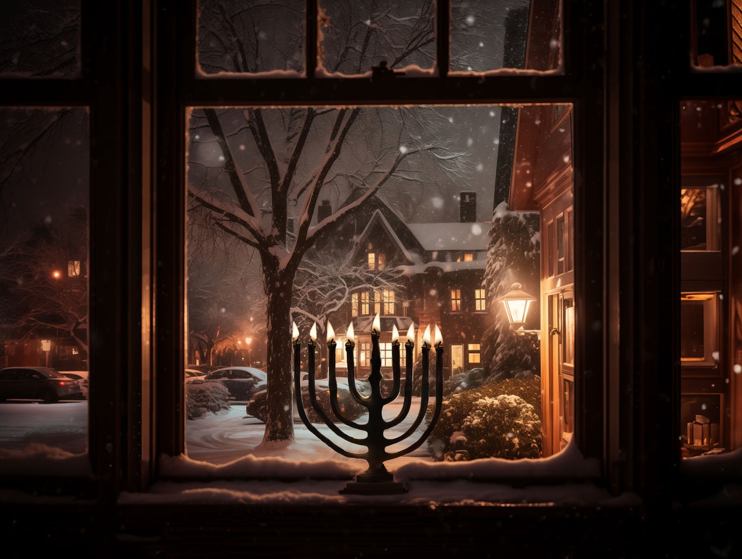Hannukah Decor of Menorah on Window With Snow - Wall Art | Hannukah ...