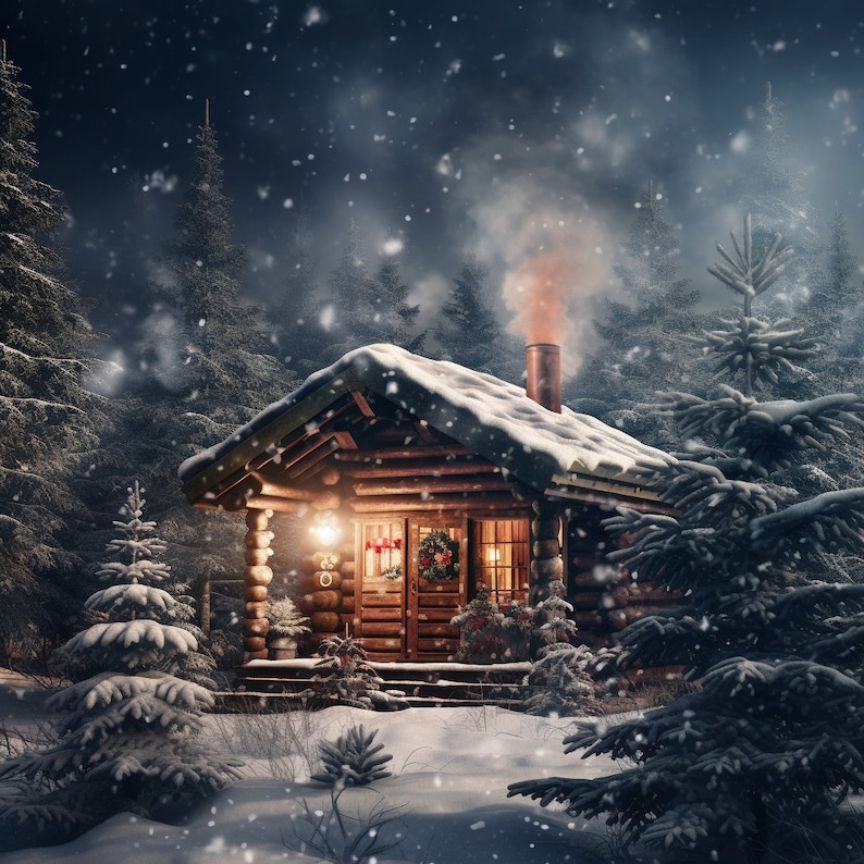 Christmas Cabin in the Woods While Snowing - Digital Prints | Download ...