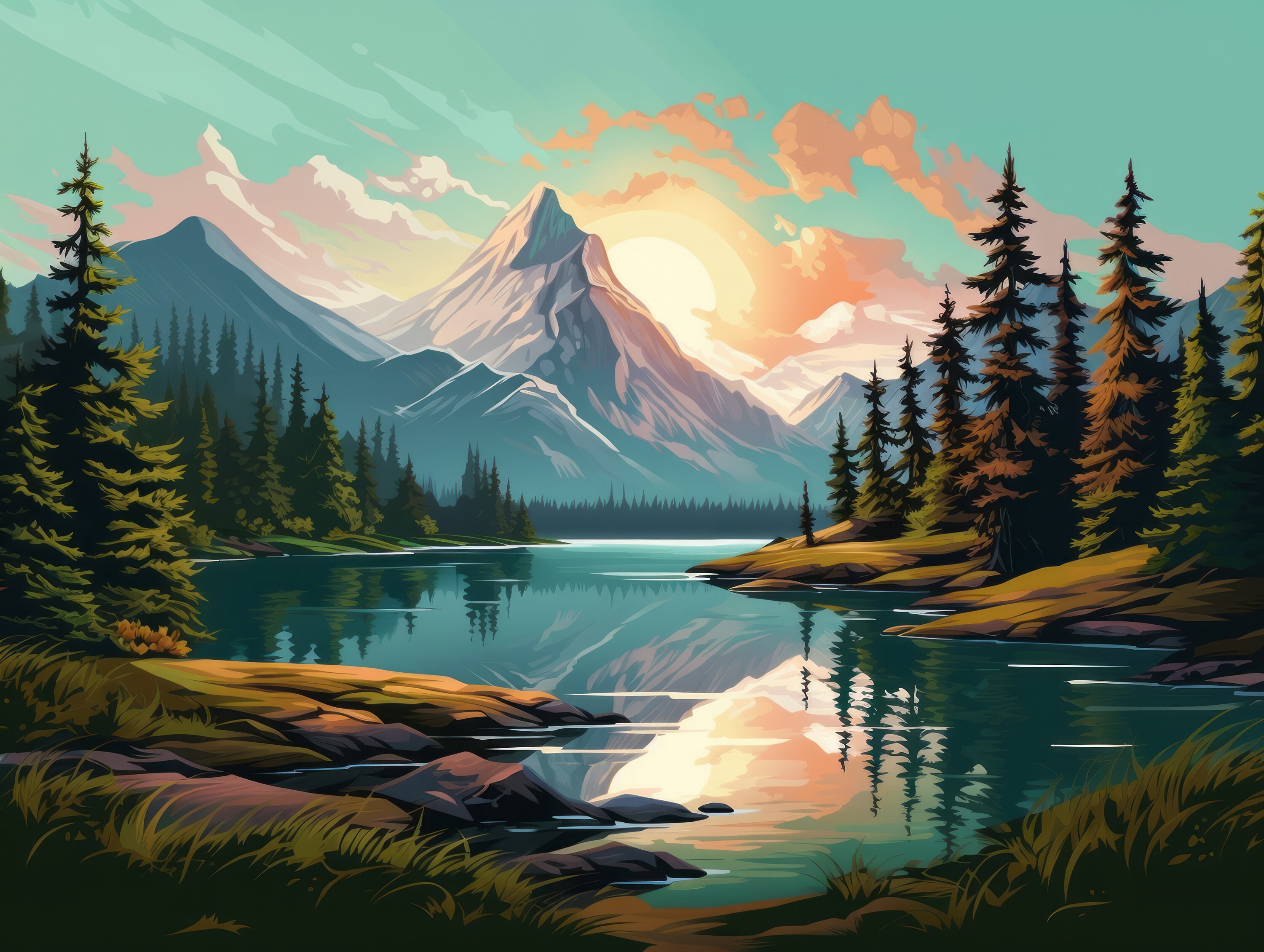 Spring Lake With Mountains at Sunset Wall Art - Room Decor | Lake Art ...