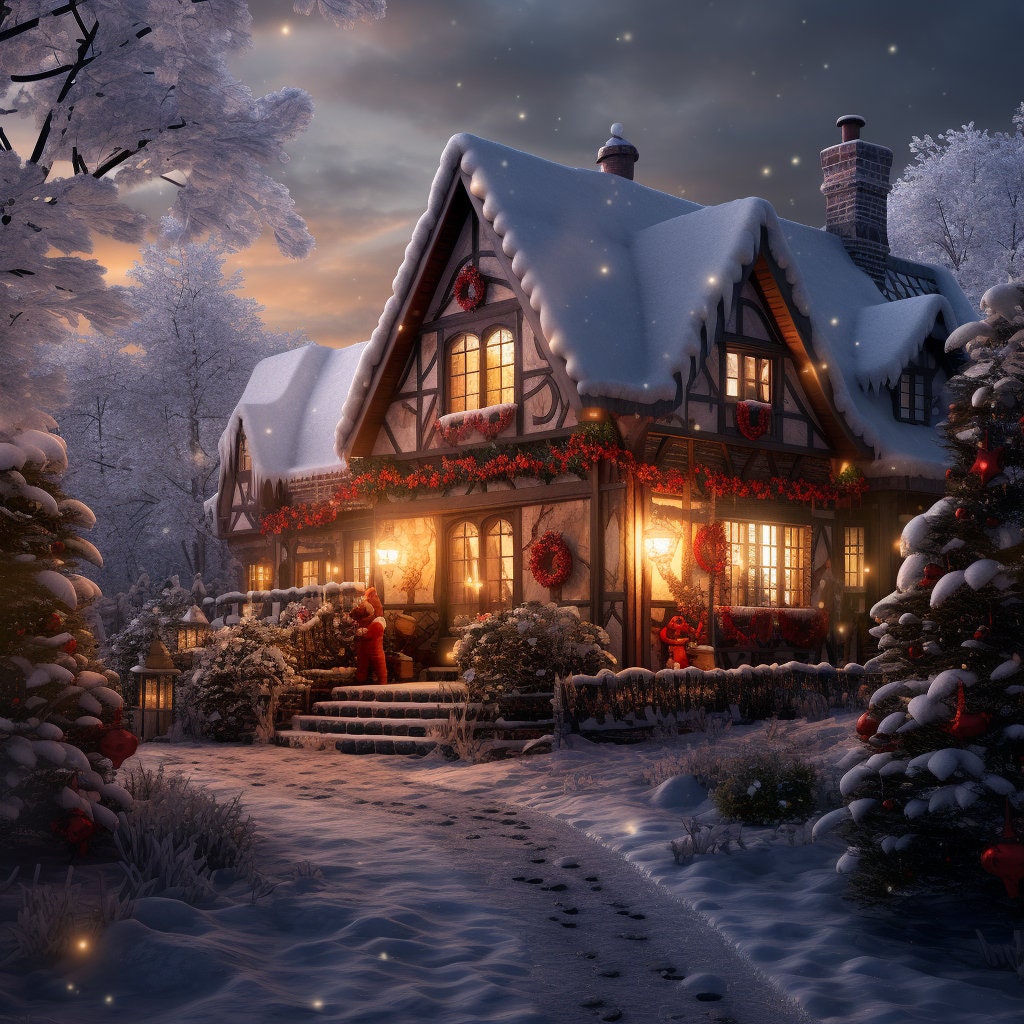 Christmas House in the Snow and Christmas Trees - Digital Prints ...