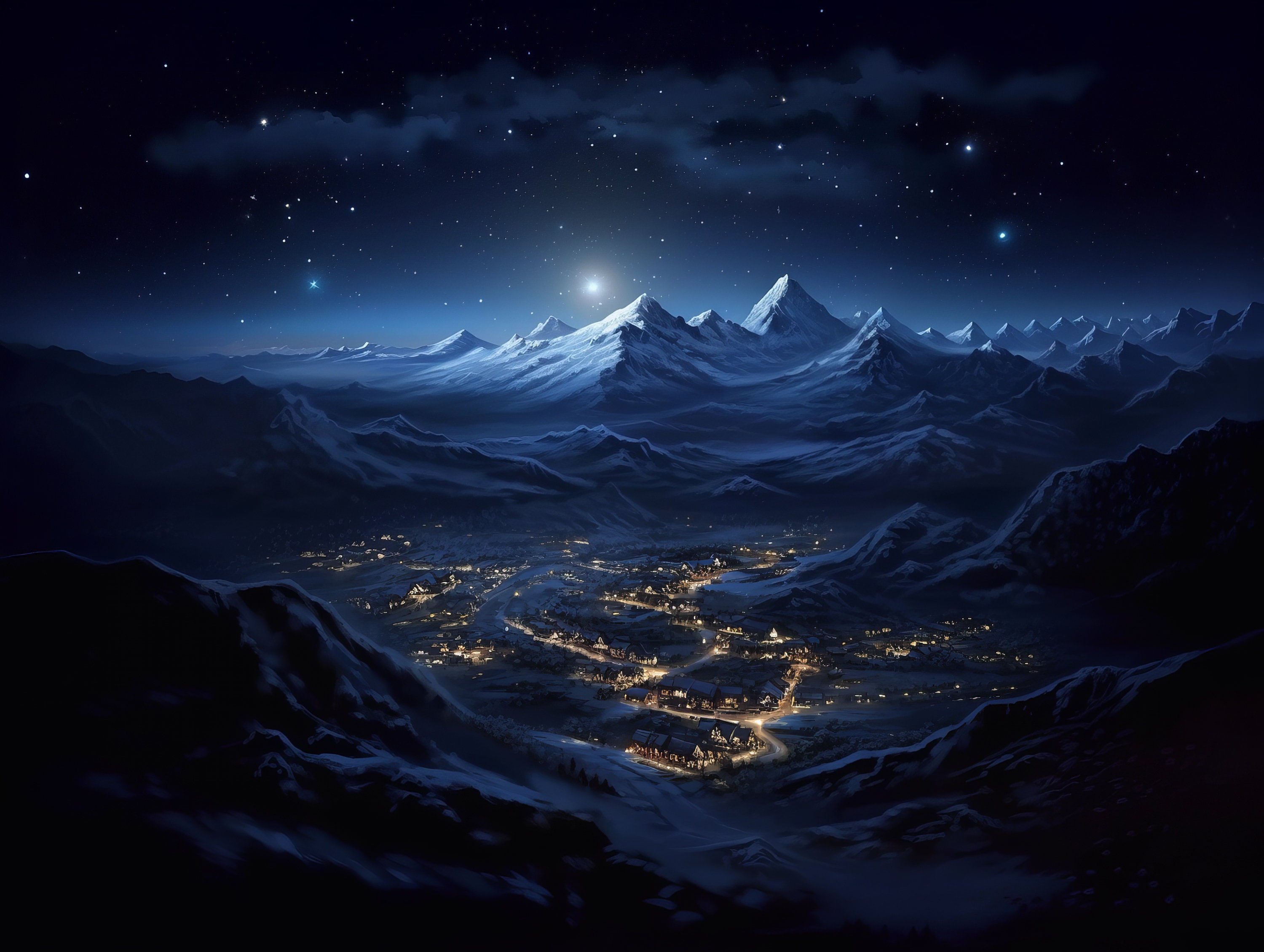 Village at the Base of a Snowy Mountain Range at Night Wall Art ...