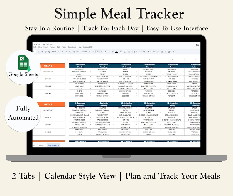 Weekly Meal Planner Google Sheets, Food Tracker, Meal Tracker, Food ...
