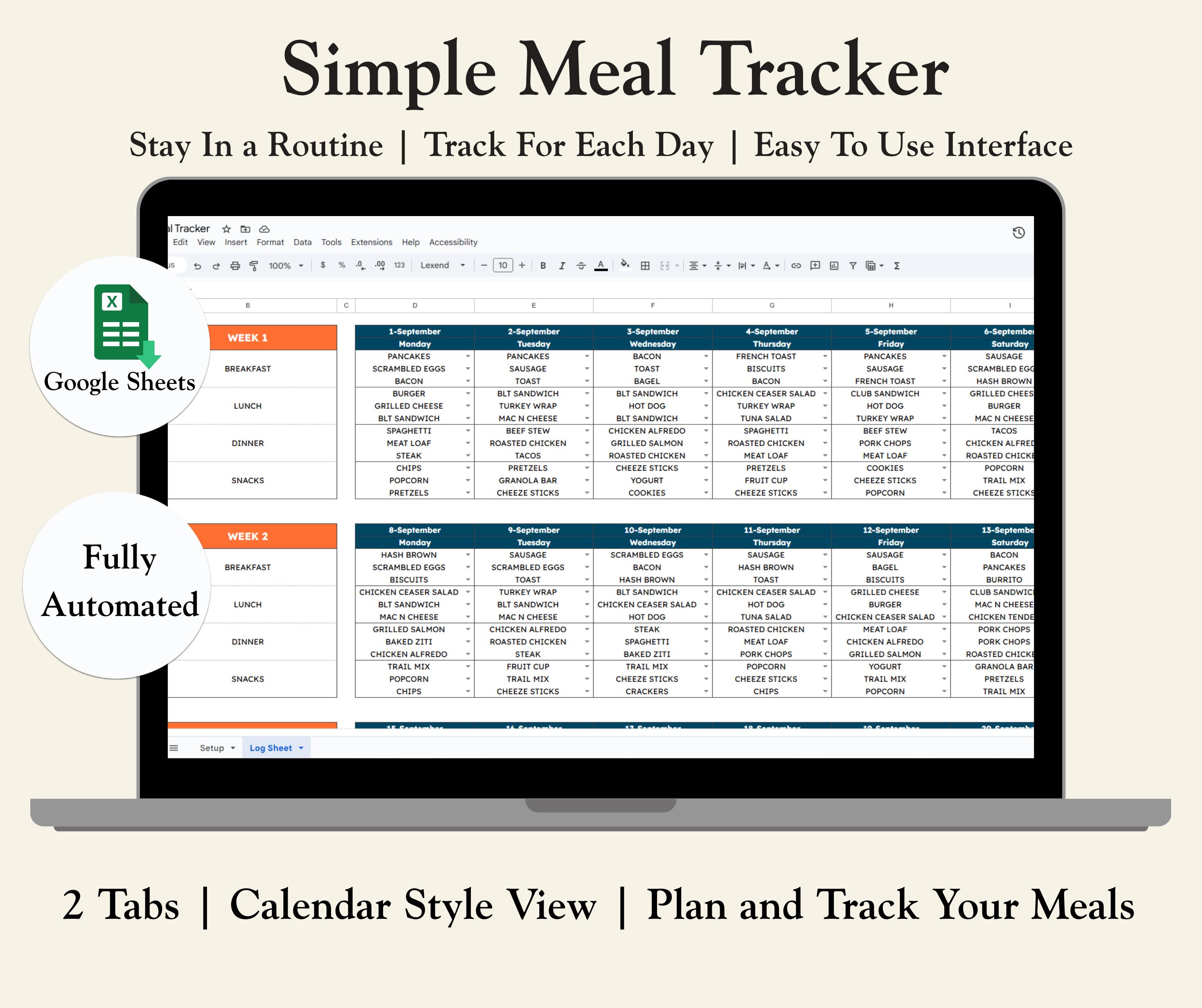 Weekly Meal Planner Google Sheets, Food Tracker, Meal Tracker, Food ...