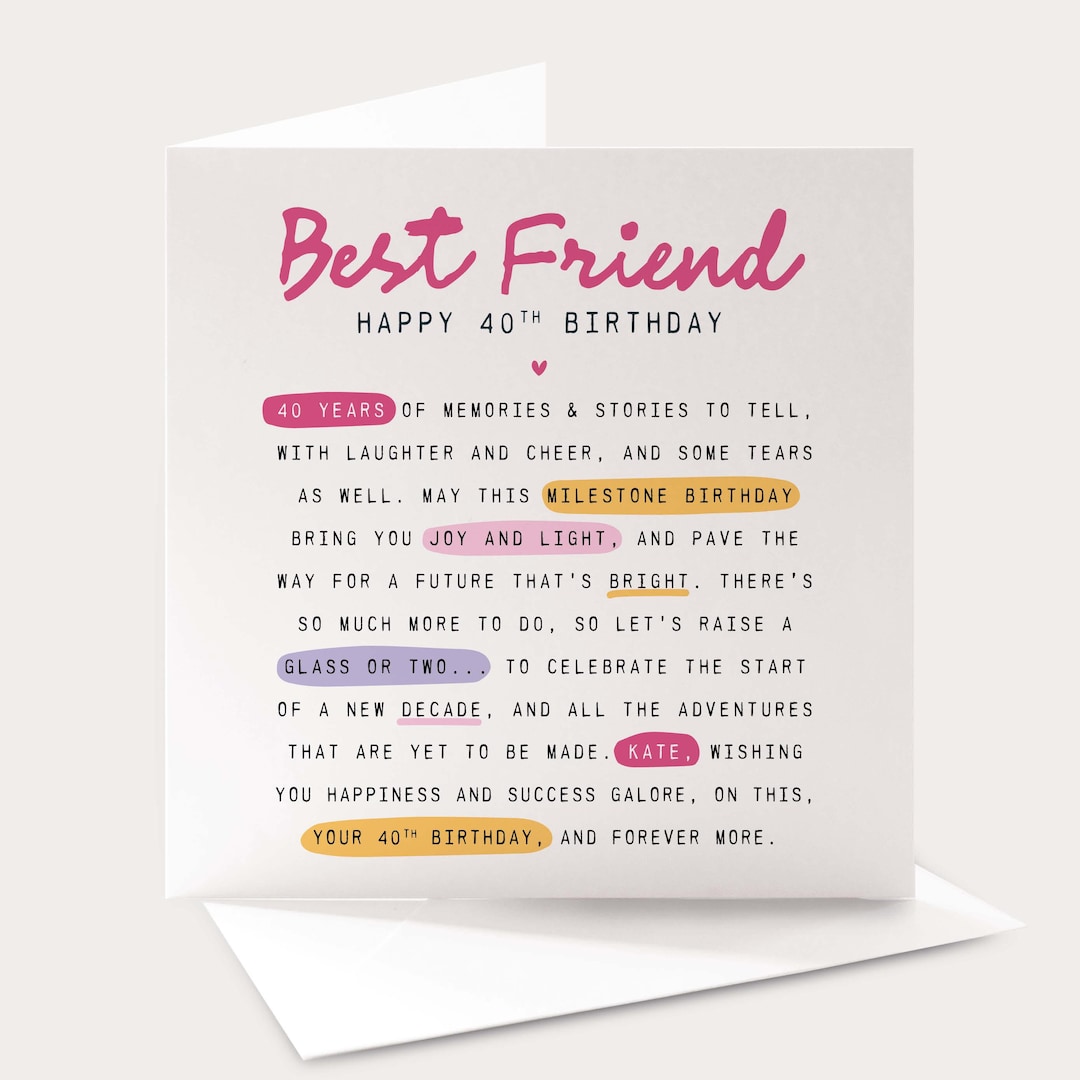 Personalised Best Friend 40th Birthday Card, Milestone Birthday Card ...