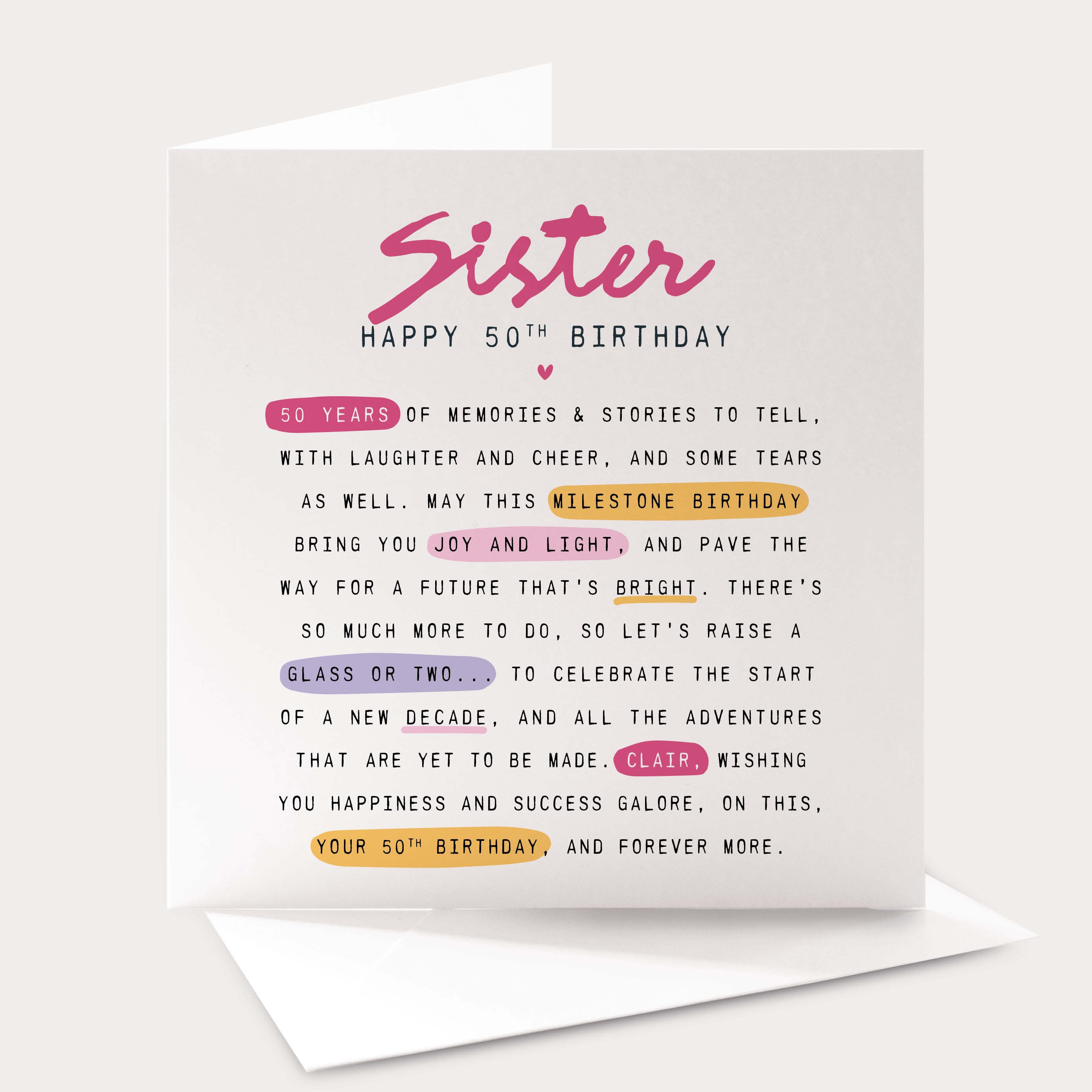 Personalised Sister 50th Birthday Card Milestone Birthday Card Sister