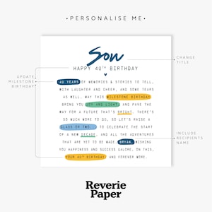 Personalised Son 40th Birthday Card, Milestone Birthday Card, Son ...