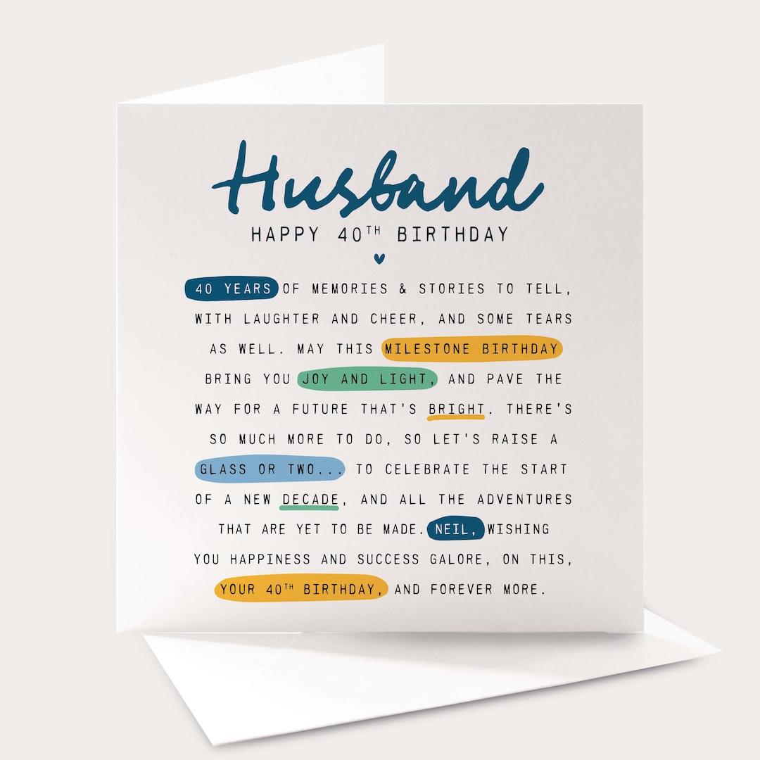 Personalised Husband 40th Birthday Card, Milestone Birthday Card ...
