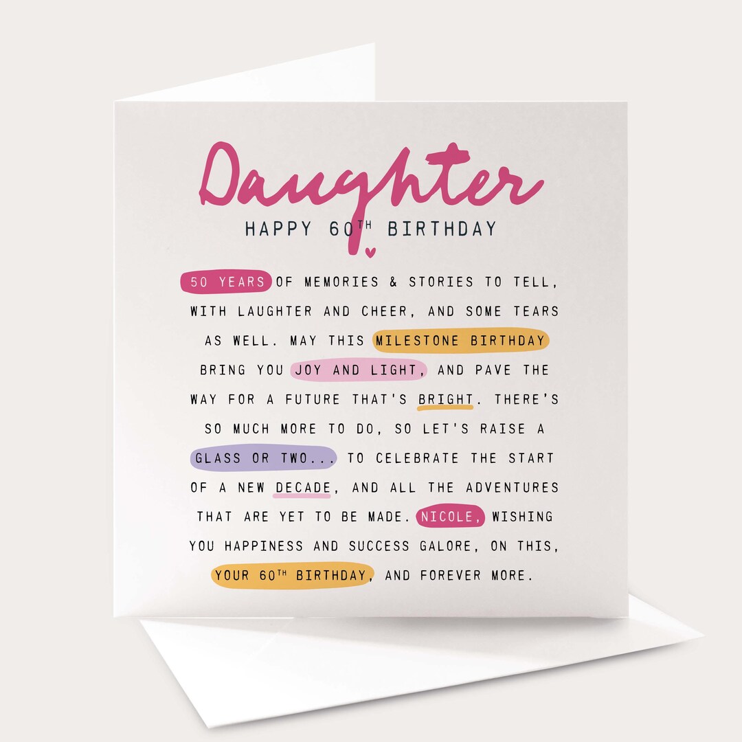 Personalised Daughter 60th Birthday Card, Milestone Birthday Card ...