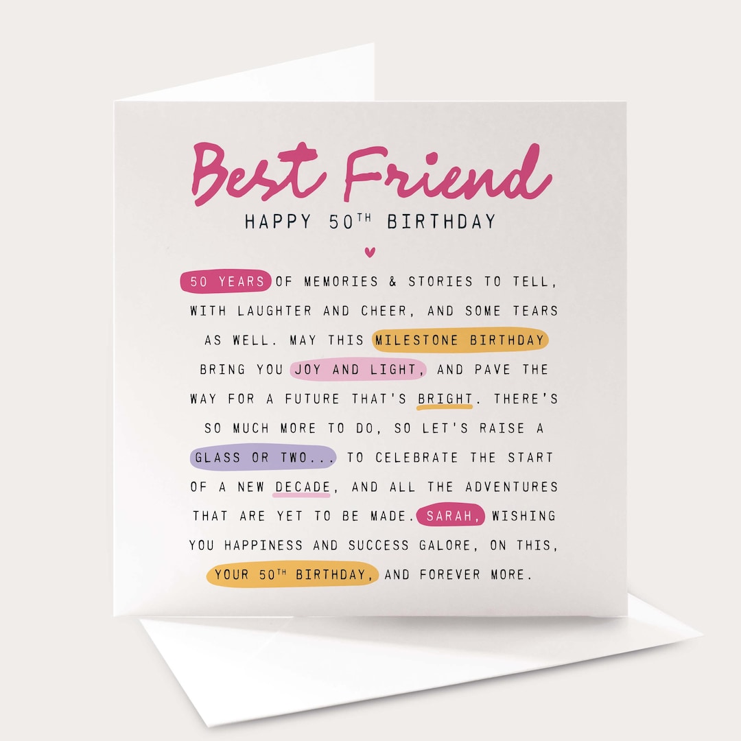 Personalised Best Friend 50th Birthday Card, Milestone Birthday Card ...