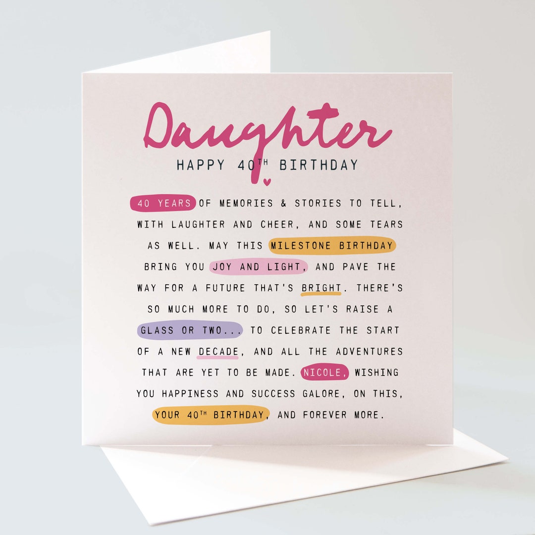Personalised Daughter 40th Birthday Card, Milestone Birthday Card ...