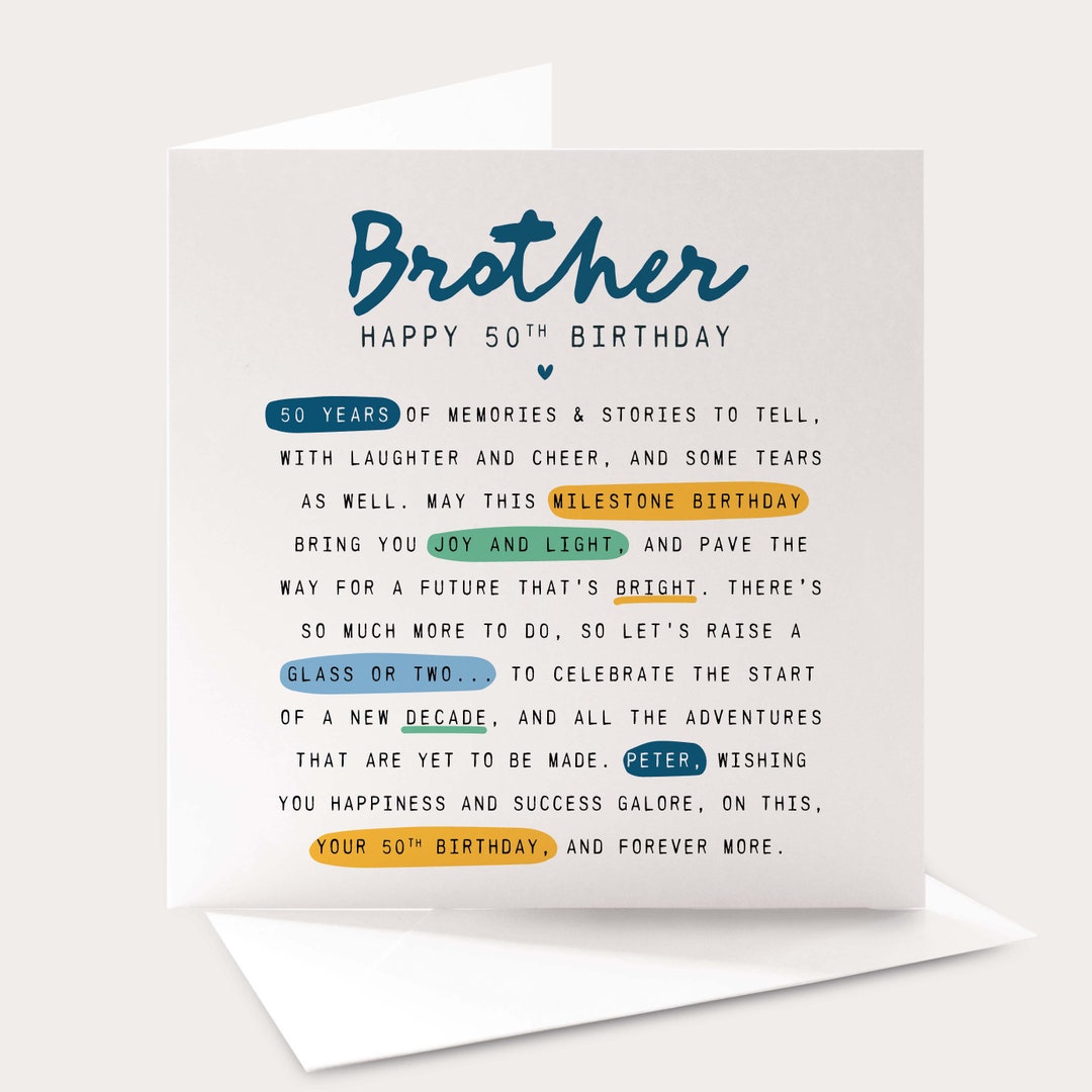 Personalised Brother 50th Birthday Card, Milestone Birthday Card ...