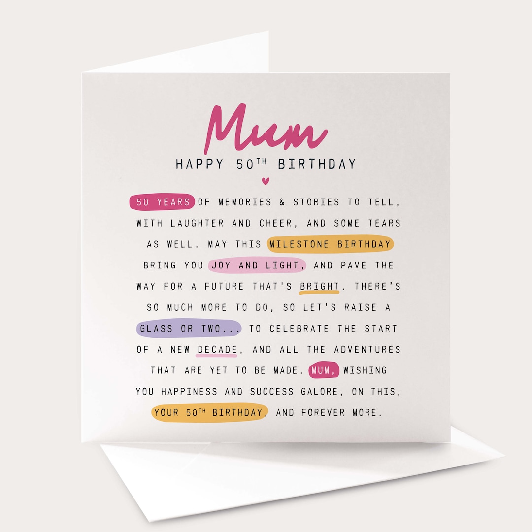 Personalised Mum 50th Birthday Card, Milestone Birthday Card, Mum ...