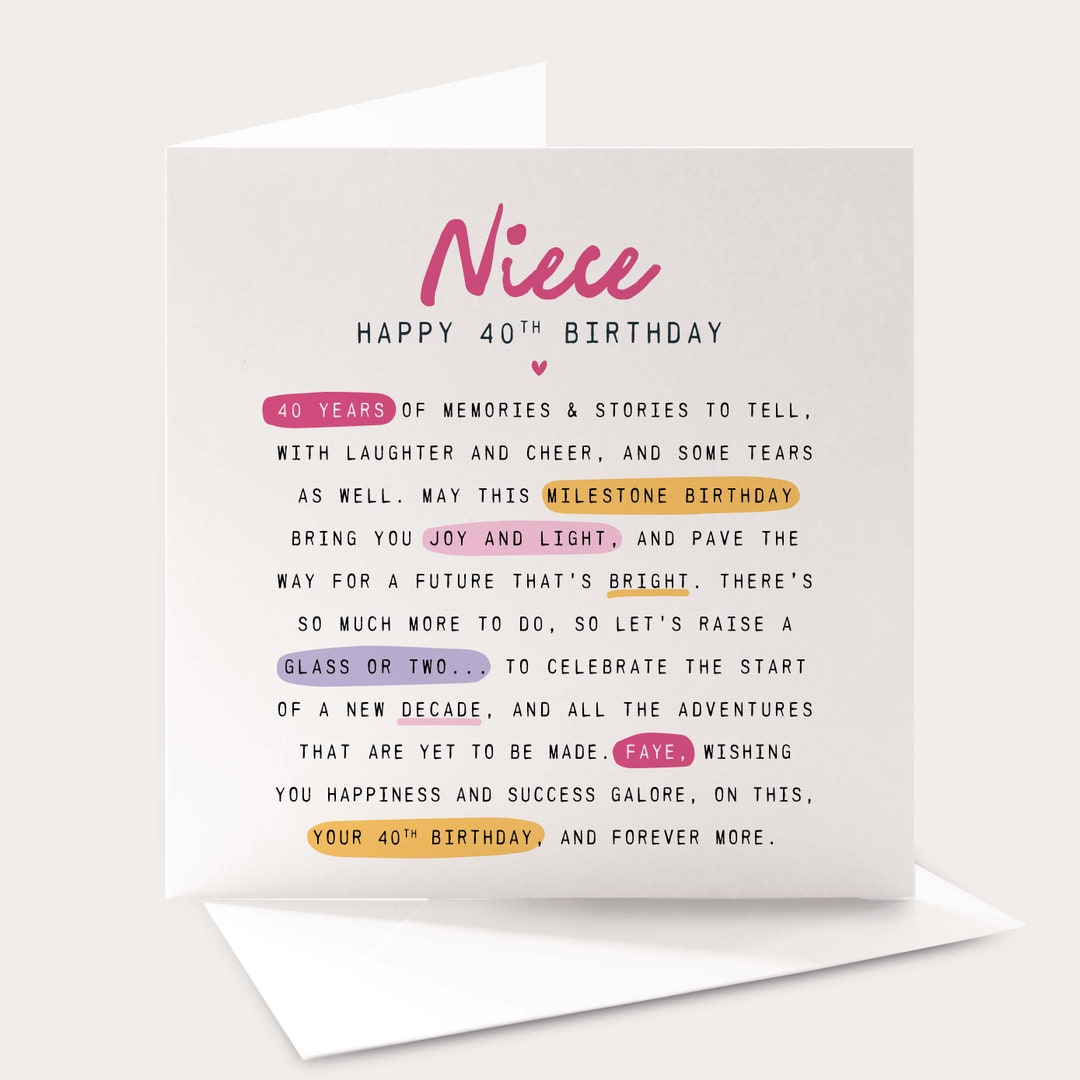 Personalised Niece 40th Birthday Card, Milestone Birthday Card, Niece ...