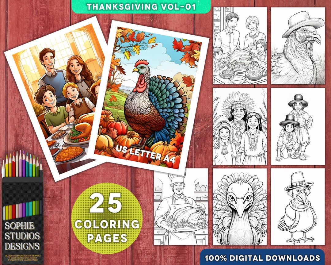 25 Printable Thanksgiving Day Coloring Pages Vol-1, Coloring Book ...