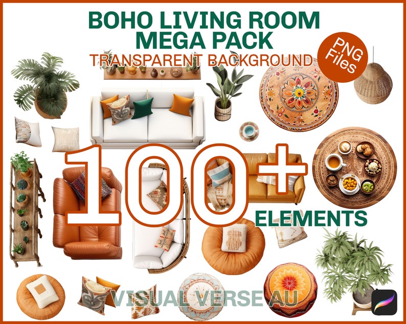 Procreate BOHO Living Room Furniture Blocks, Interior Design Elements ...